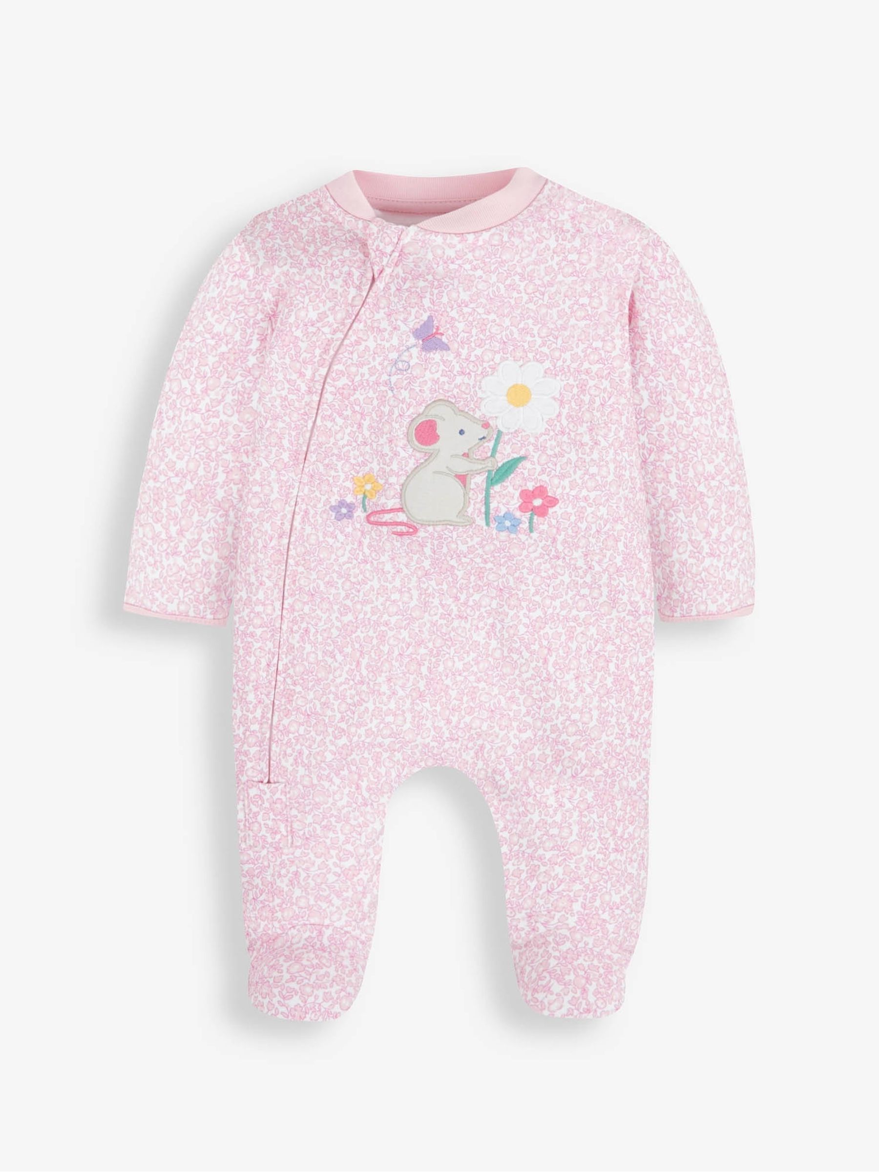 Buy JoJo Maman Bébé Pink Mouse Appliqué Zip Cotton Baby Sleepsuit from ...