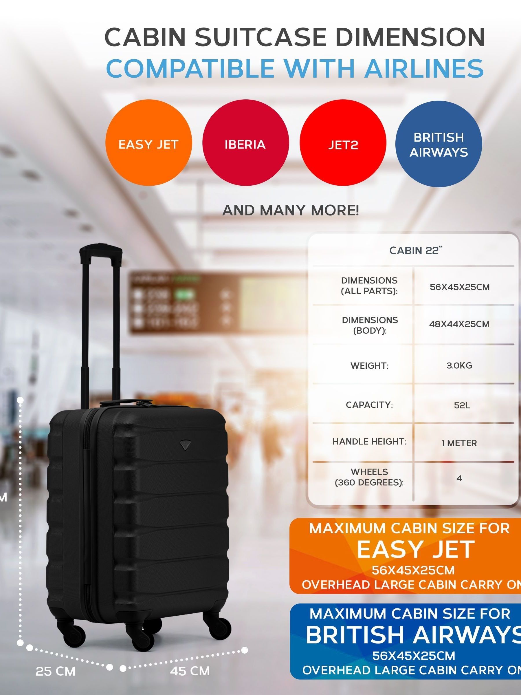 Buy Flight Knight Blackout 56x45x25cm EasyJet Overhead 4 Wheel ABS Hard ...
