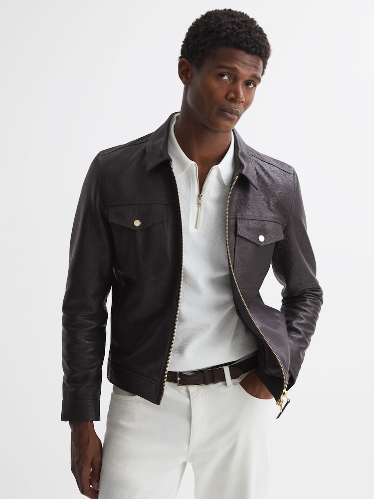 Buy Reiss Chocolate Carp Leather Zip Through Jacket from the Next UK ...