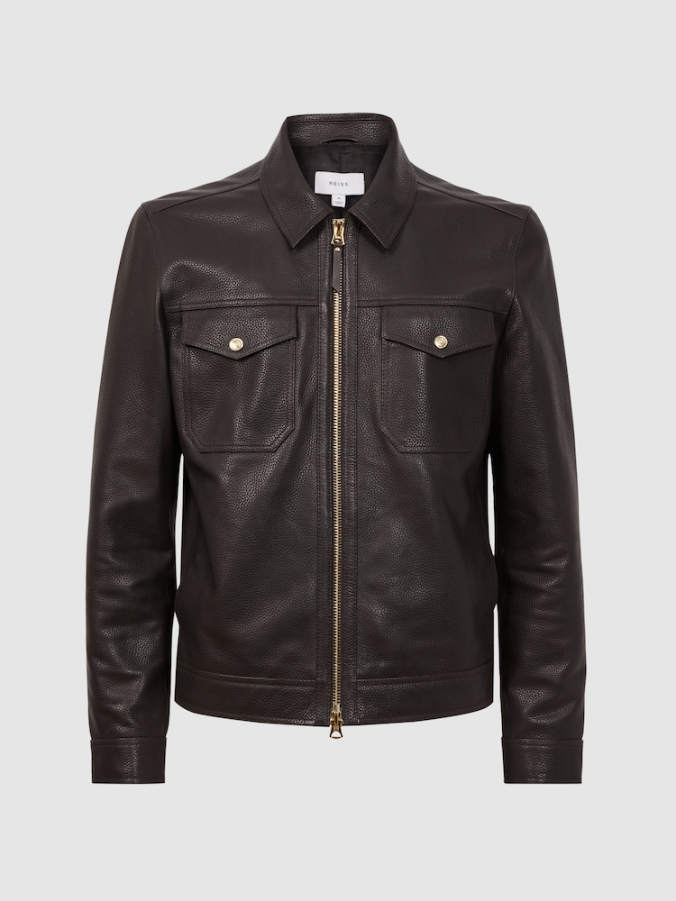 Buy Reiss Chocolate Carp Leather Zip Through Jacket from the Next UK ...