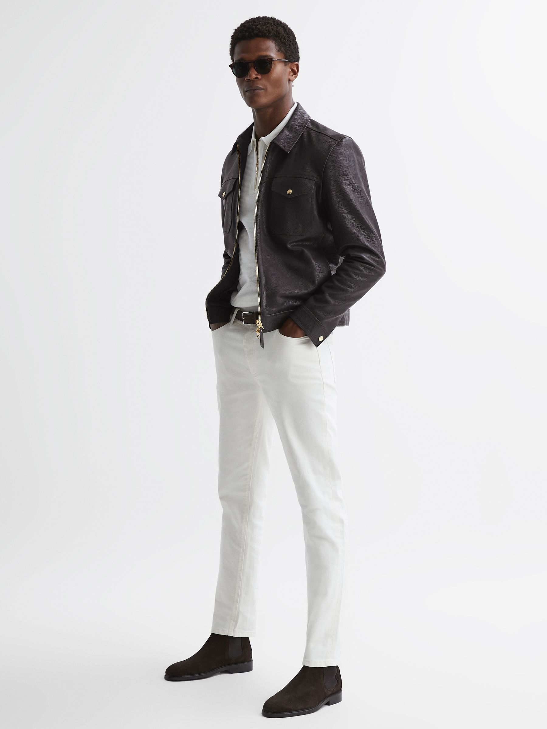 Buy Reiss Chocolate Carp Leather Zip Through Jacket from the Next UK ...
