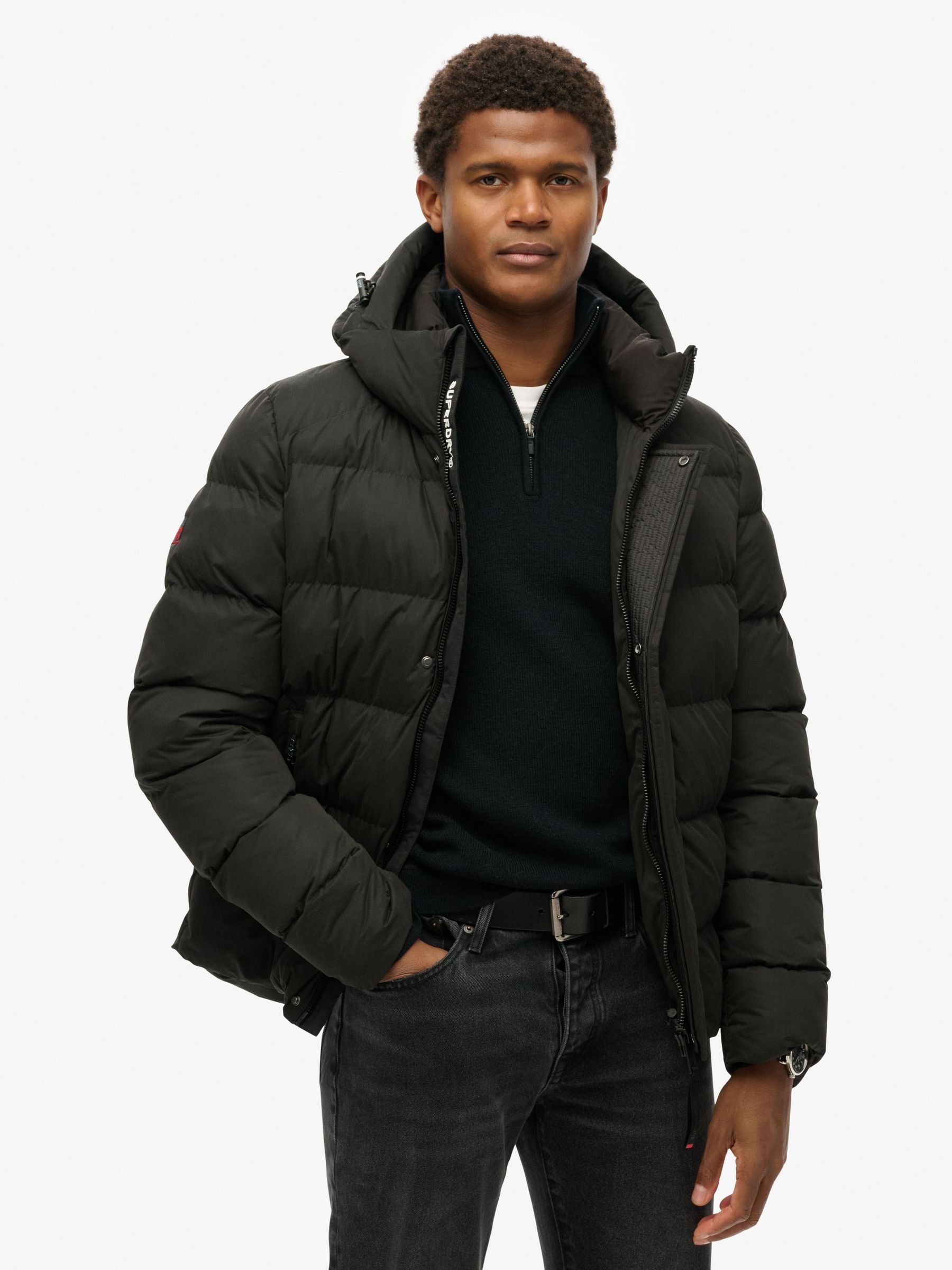 Buy Superdry Black Hooded Microfibre Sport Puffer Coat Jacket from the ...