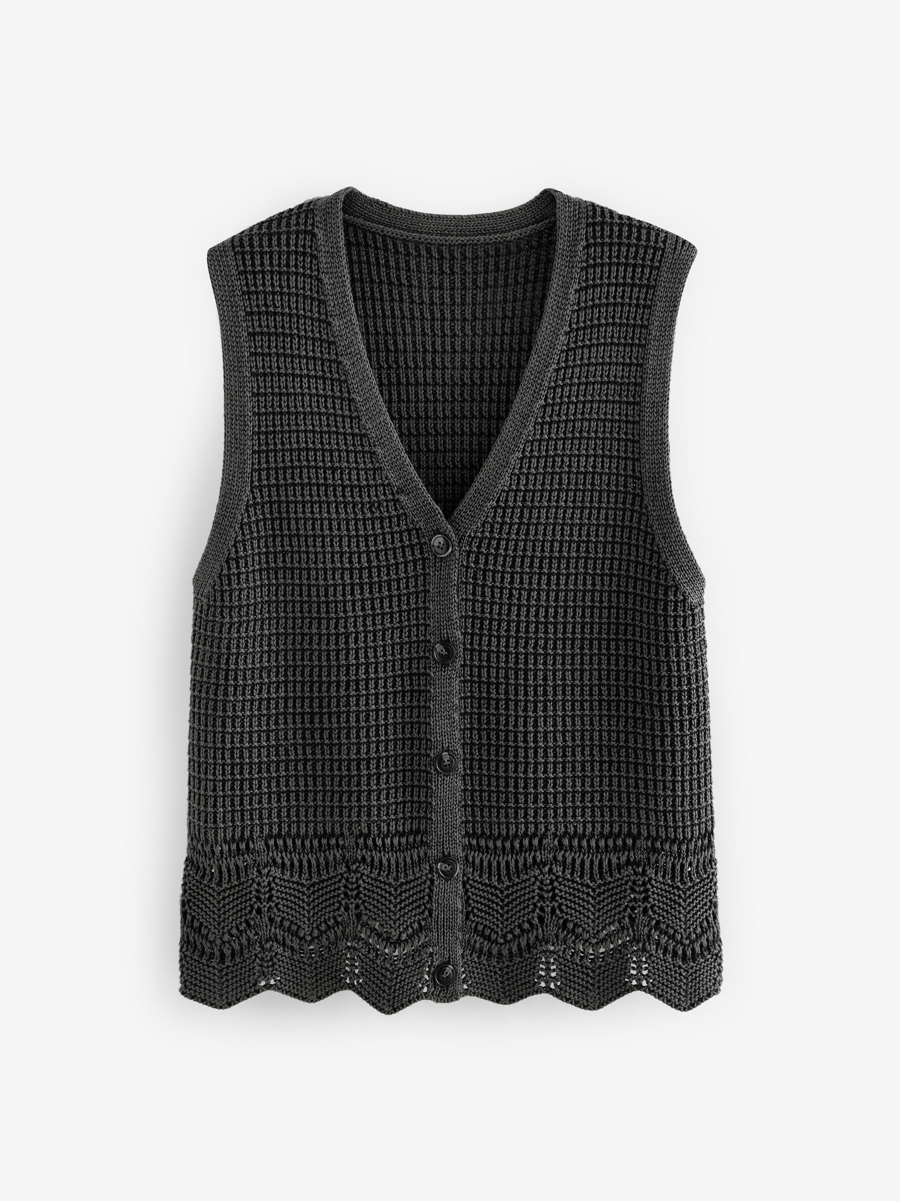 Buy Washed Black Button Front Crochet 100% Cotton Waistcoat from the ...
