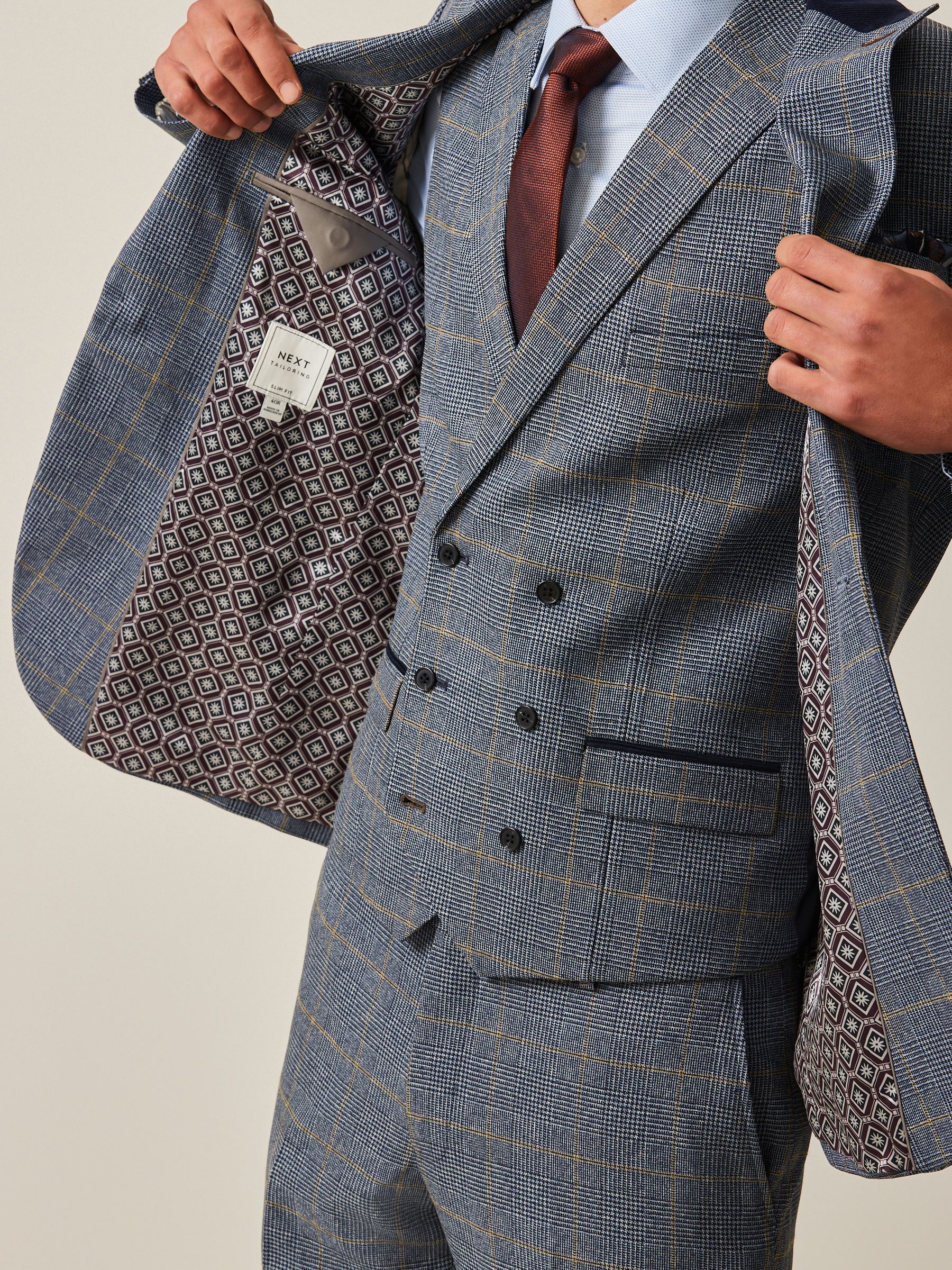 Buy Blue Slim Fit Trimmed Check Suit Jacket from Next Australia
