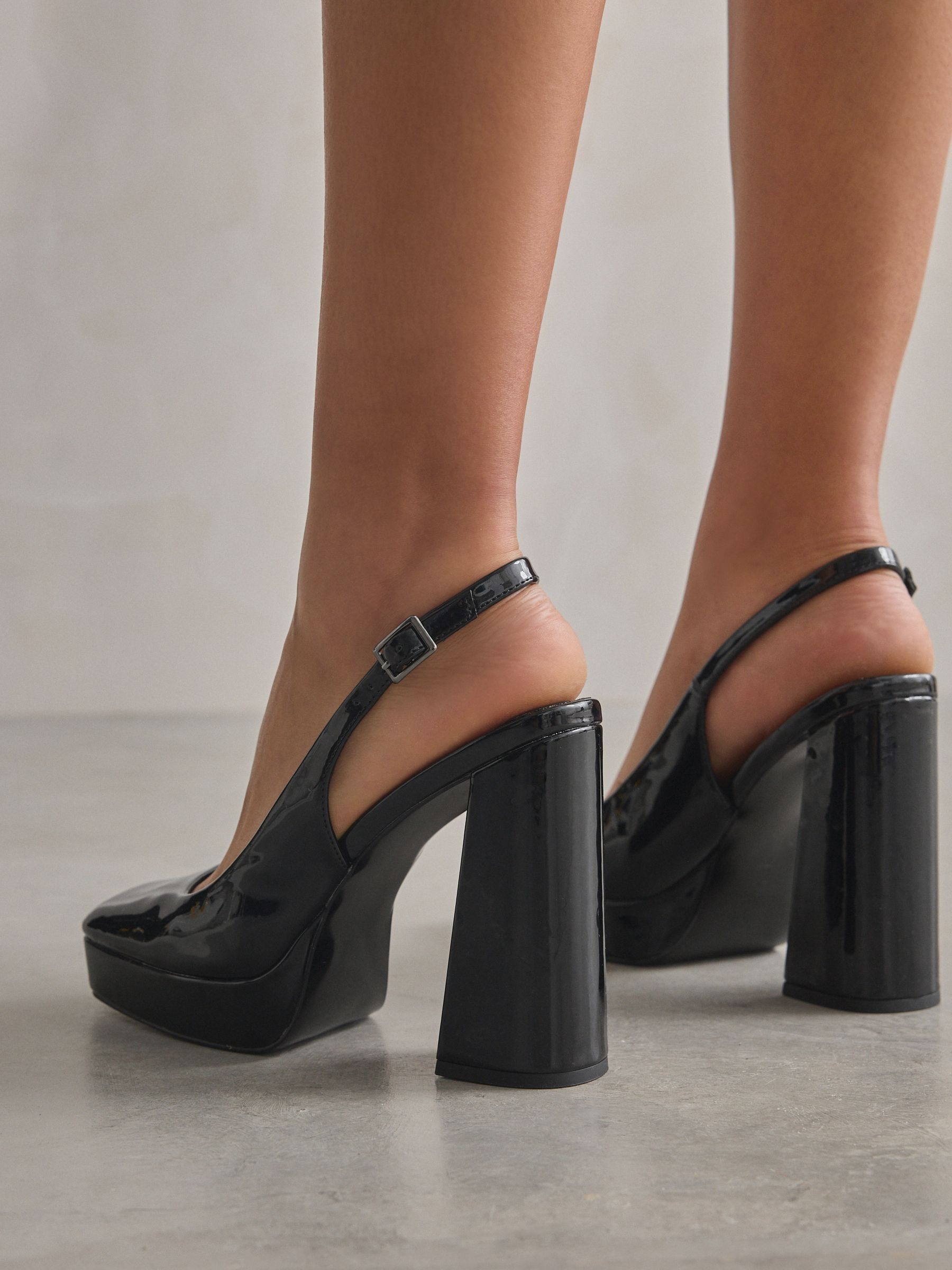 Buy Black Patent Forever Comfort® Square Toe Platform Slingback Heel ...
