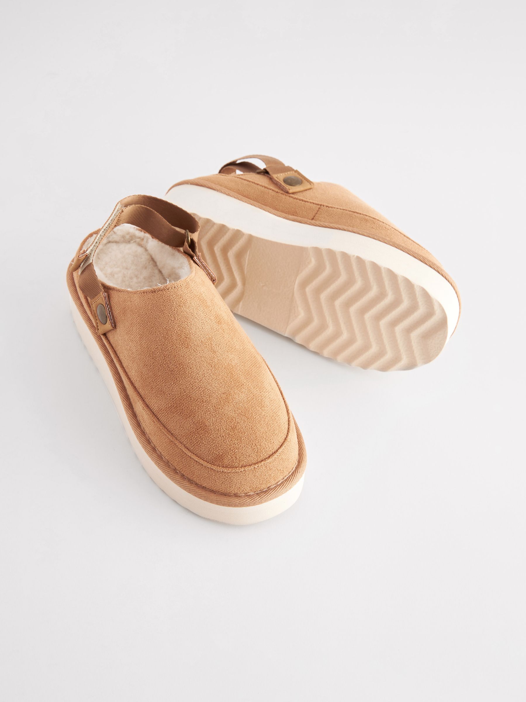 Buy Tan Brown Faux Fur Lined Platform Ankle Strap Slippers from the ...