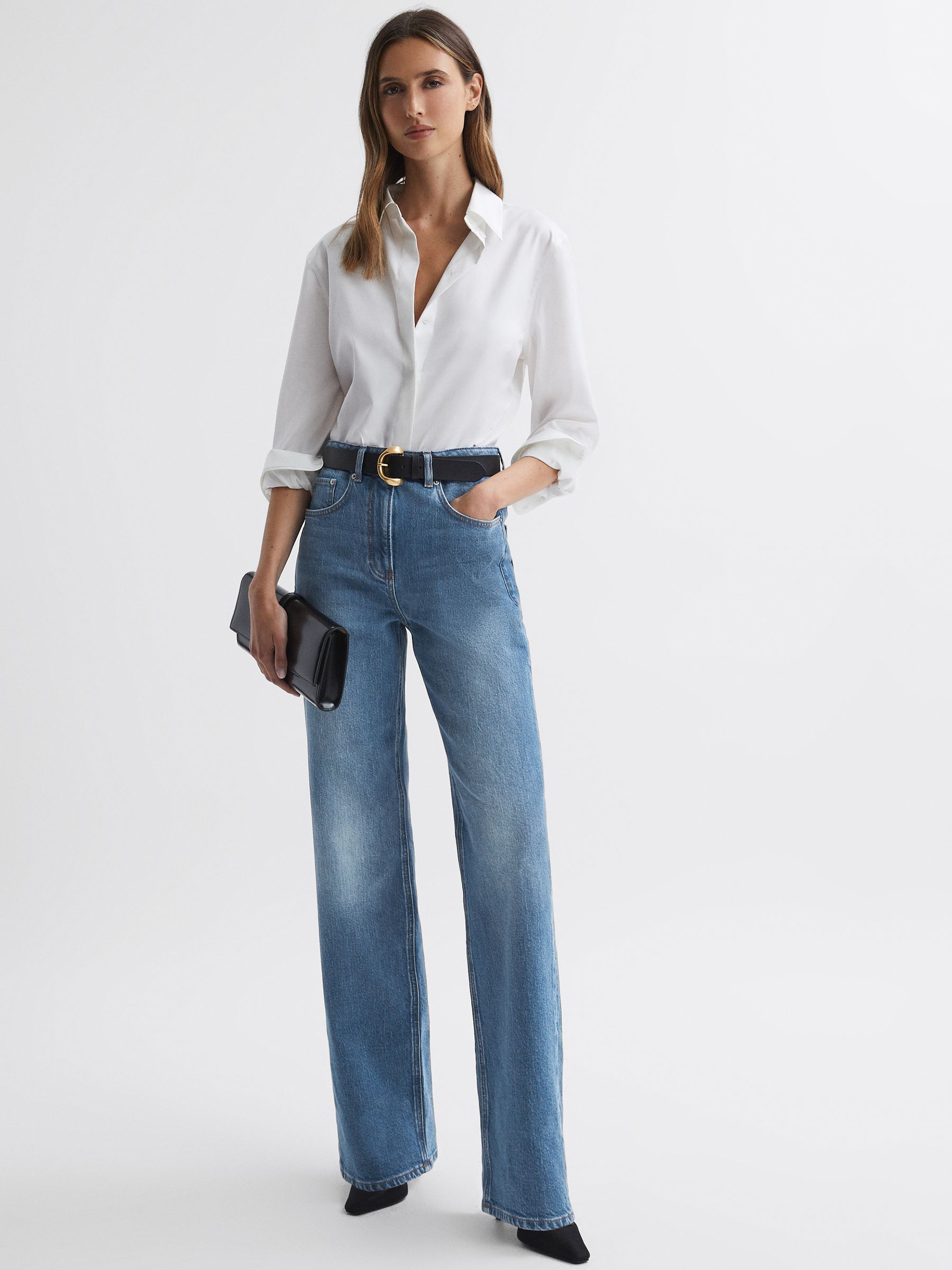 Buy Reiss Mid Blue Marion Mid Rise Wide Leg Jeans from the Next UK ...