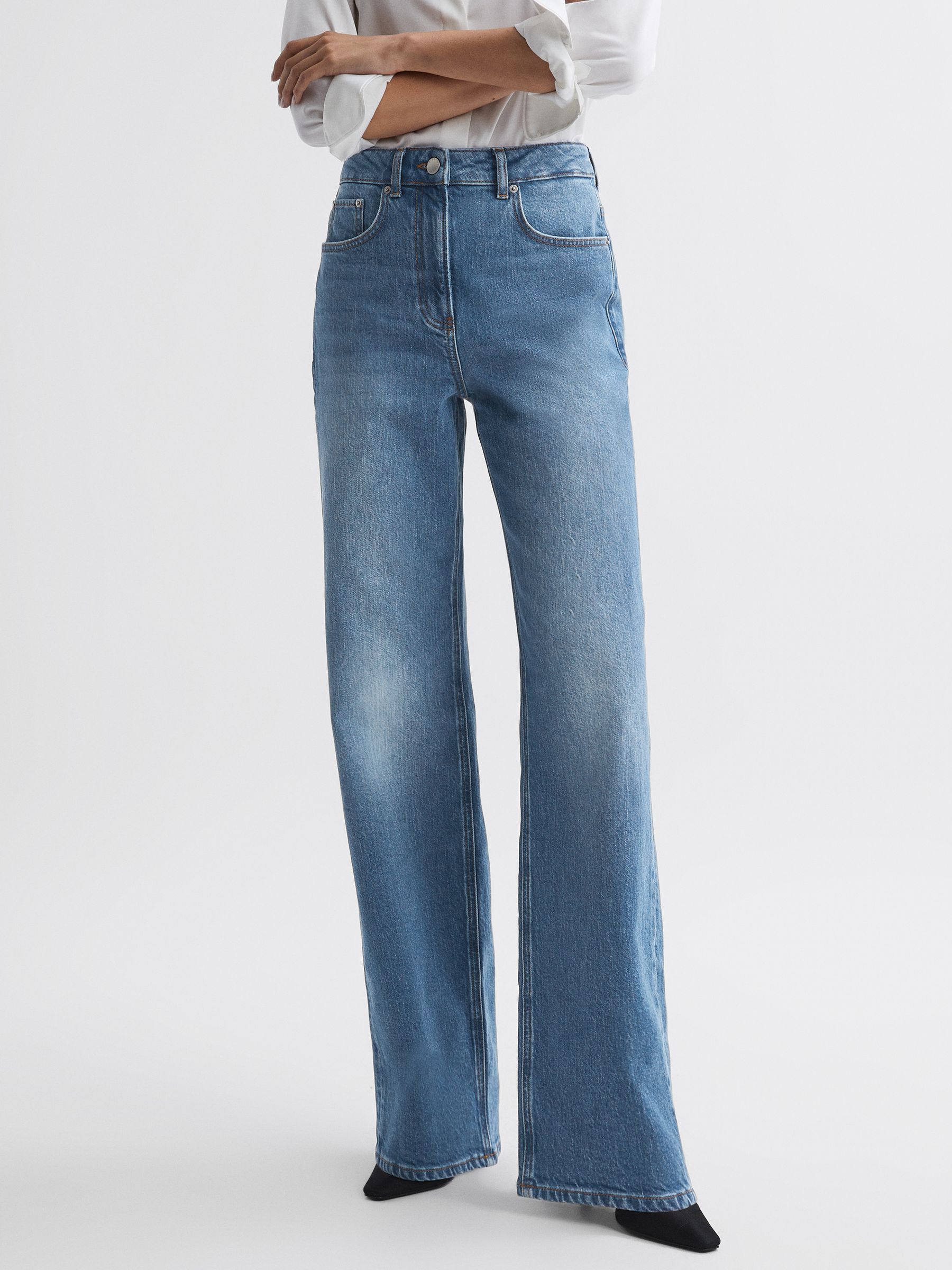 Buy Reiss Mid Blue Marion Mid Rise Wide Leg Jeans from the Next UK ...