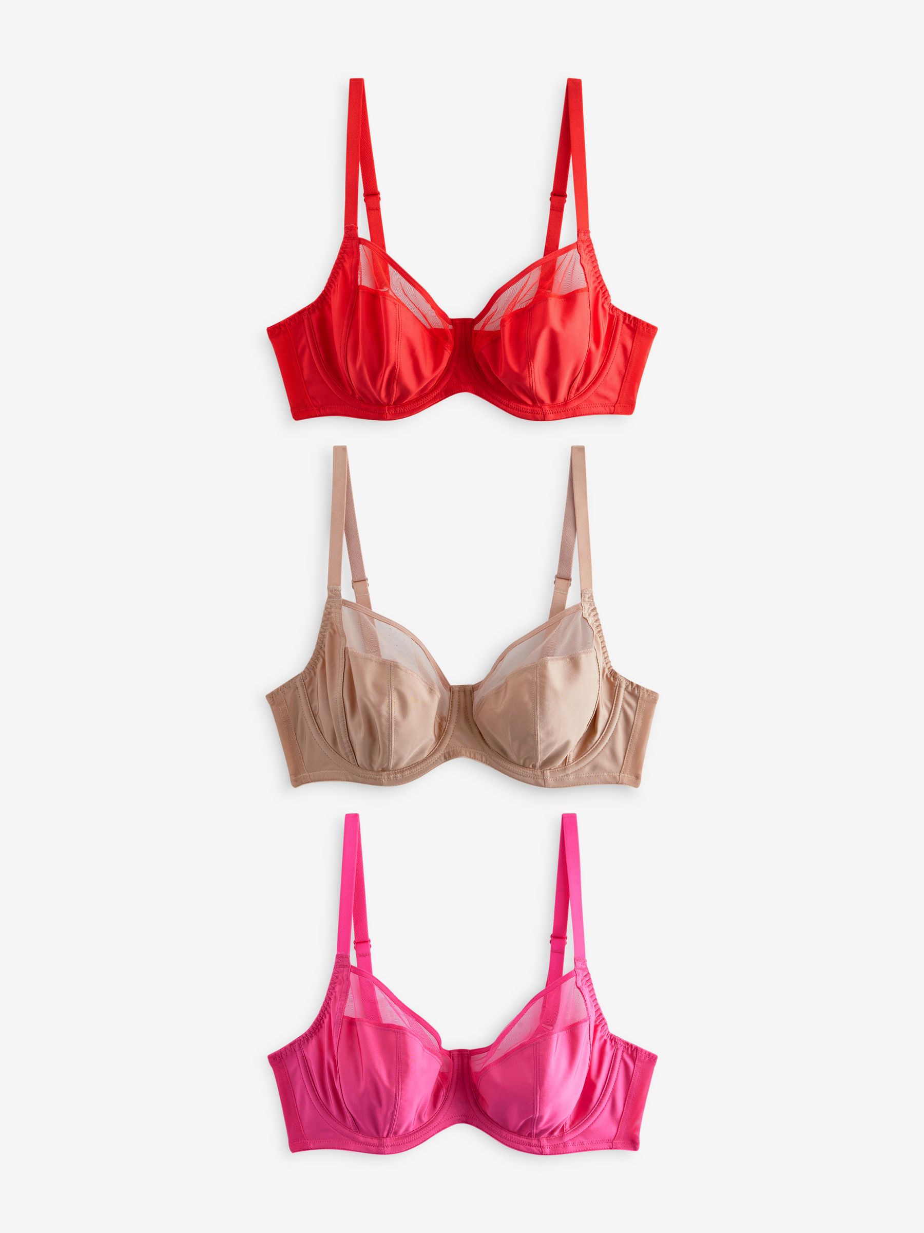 Buy Red/Bright Pink/Neutral DD+ Non Pad Full Cup Bras 3 Pack with Side ...