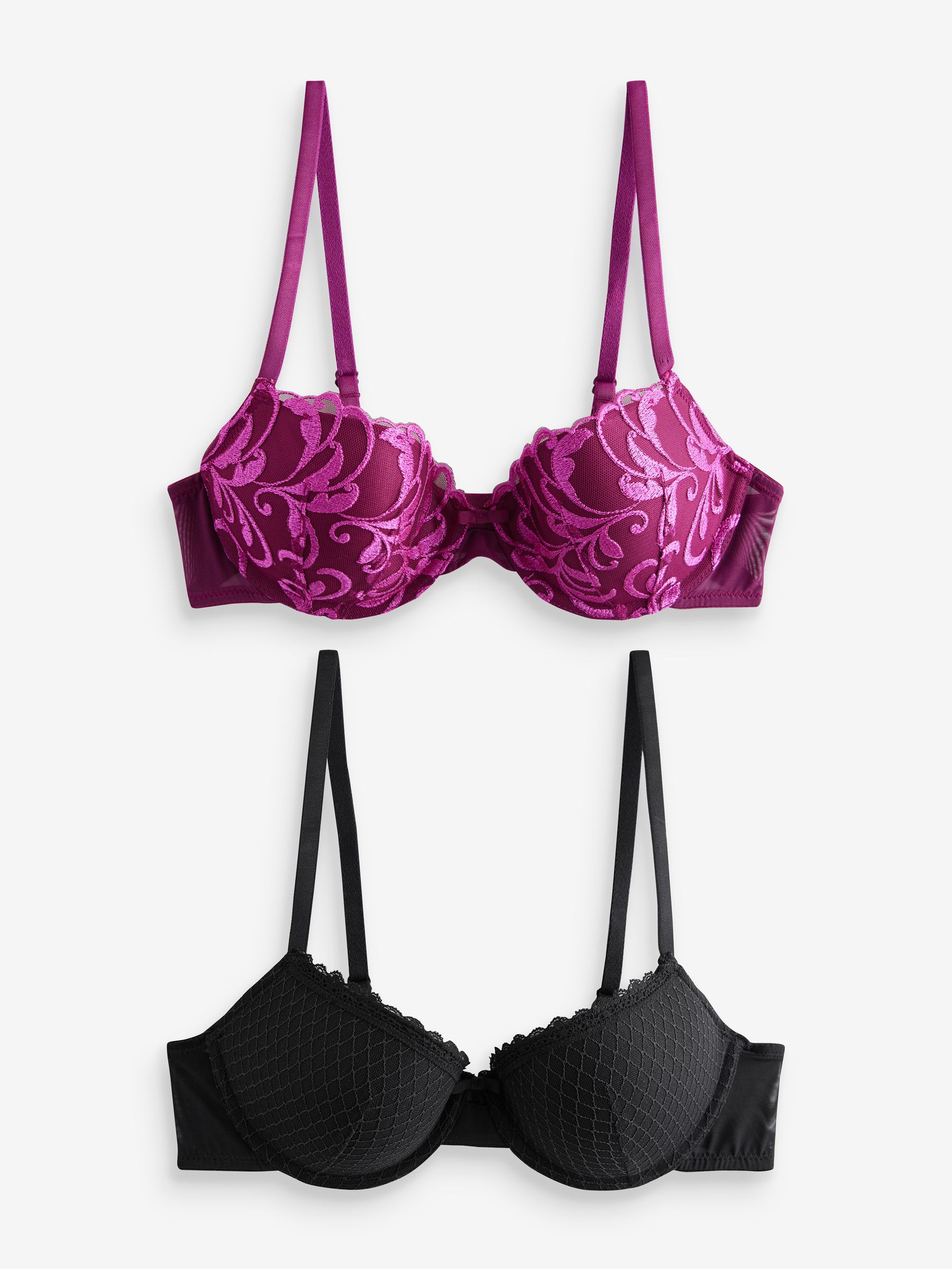 Buy Plum Purple/Black Pad Balcony Embroidered Bras 2 Pack A-E from the ...
