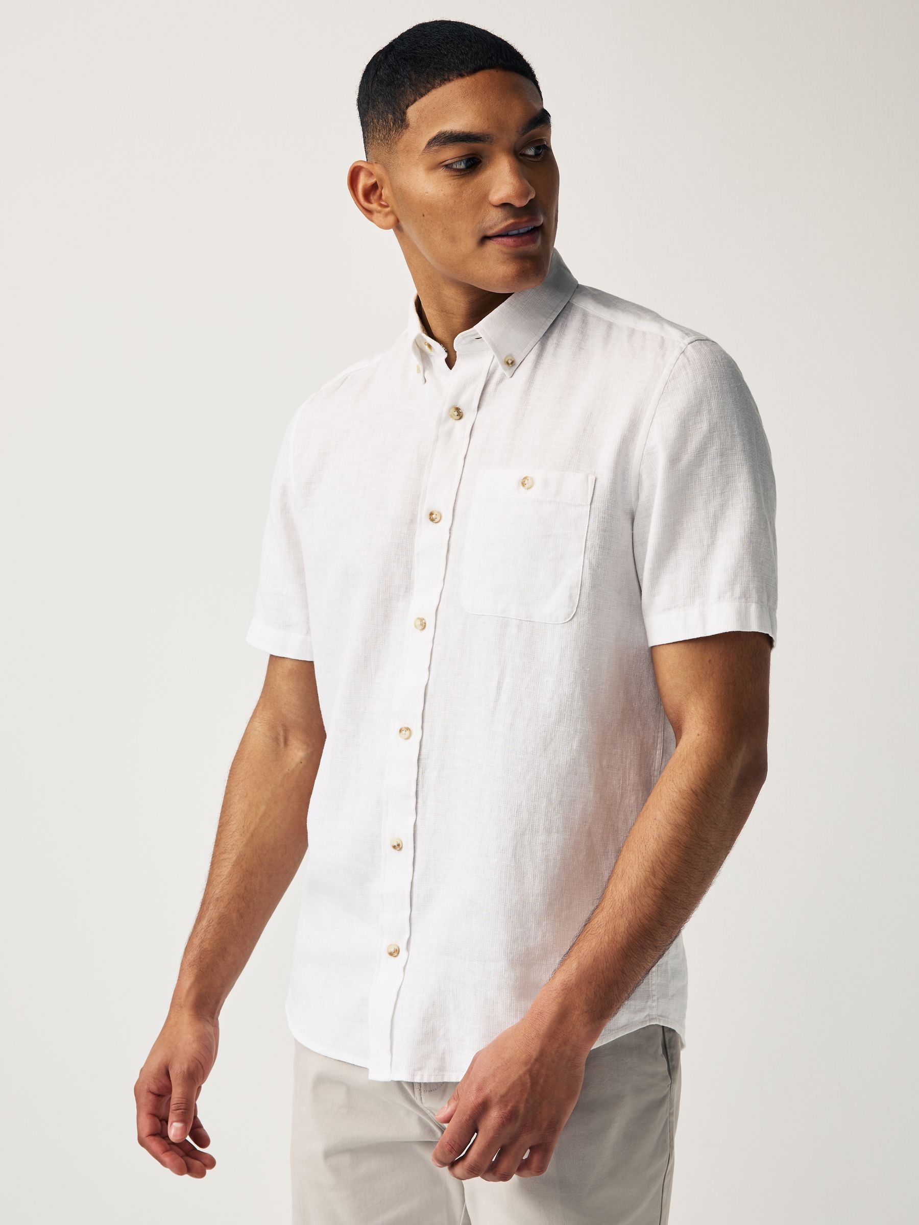 Buy White Standard Collar Cotton Linen Blend Short Sleeve Shirt from ...