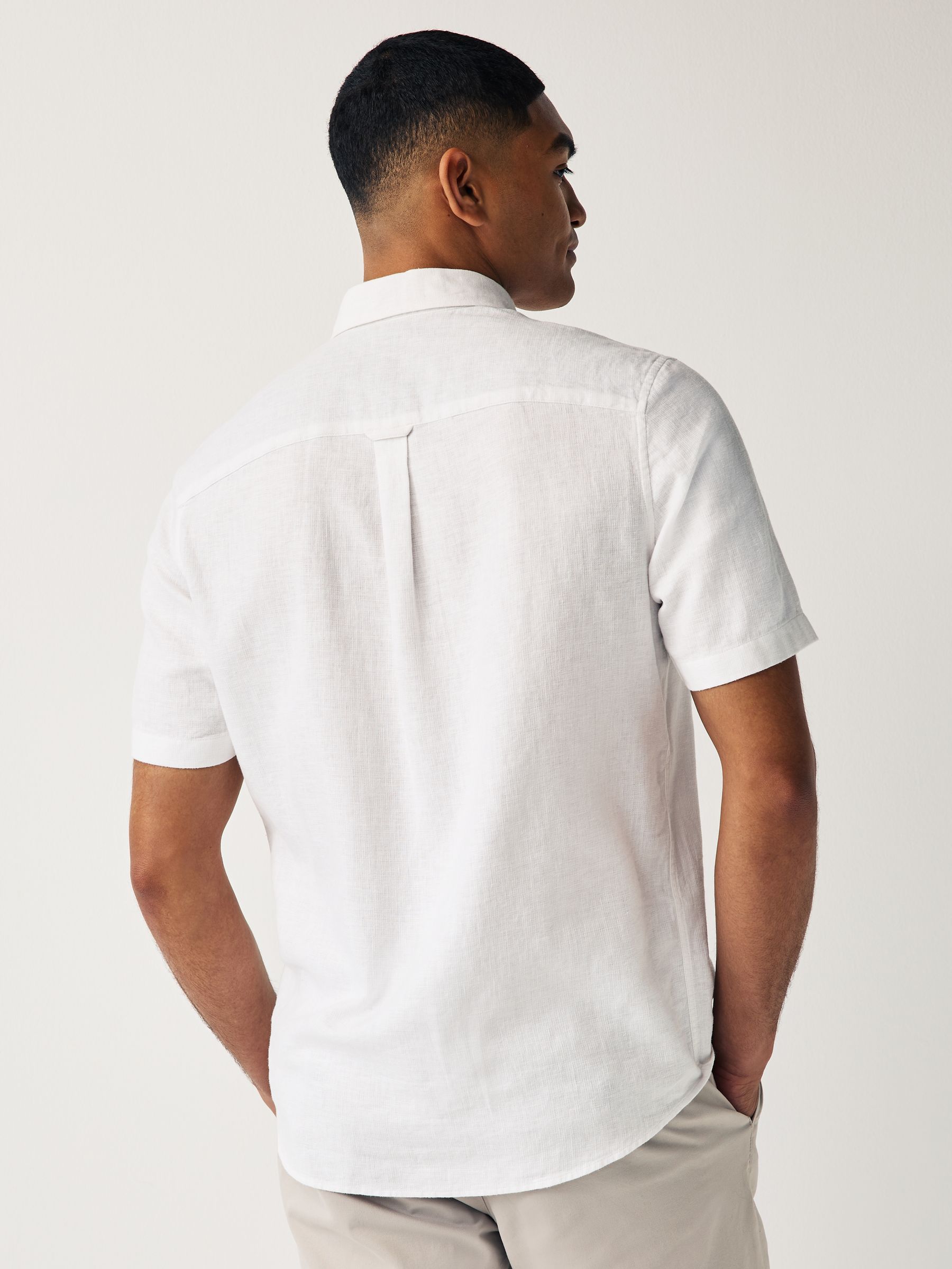 Buy White Standard Collar Cotton Linen Blend Short Sleeve Shirt from ...