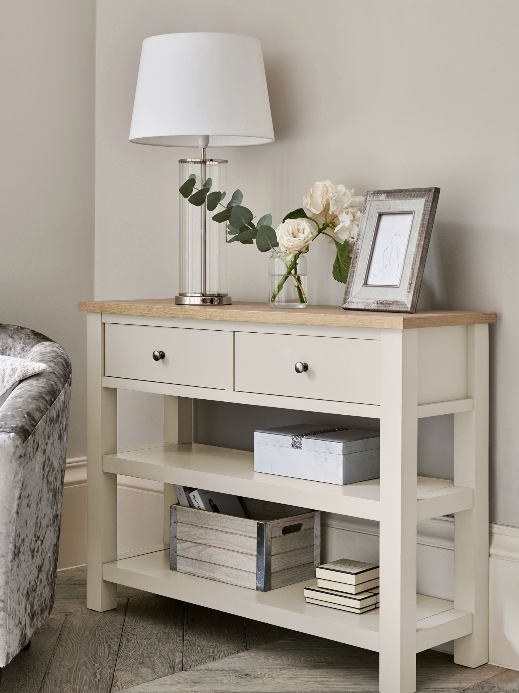 Cream console table with baskets store