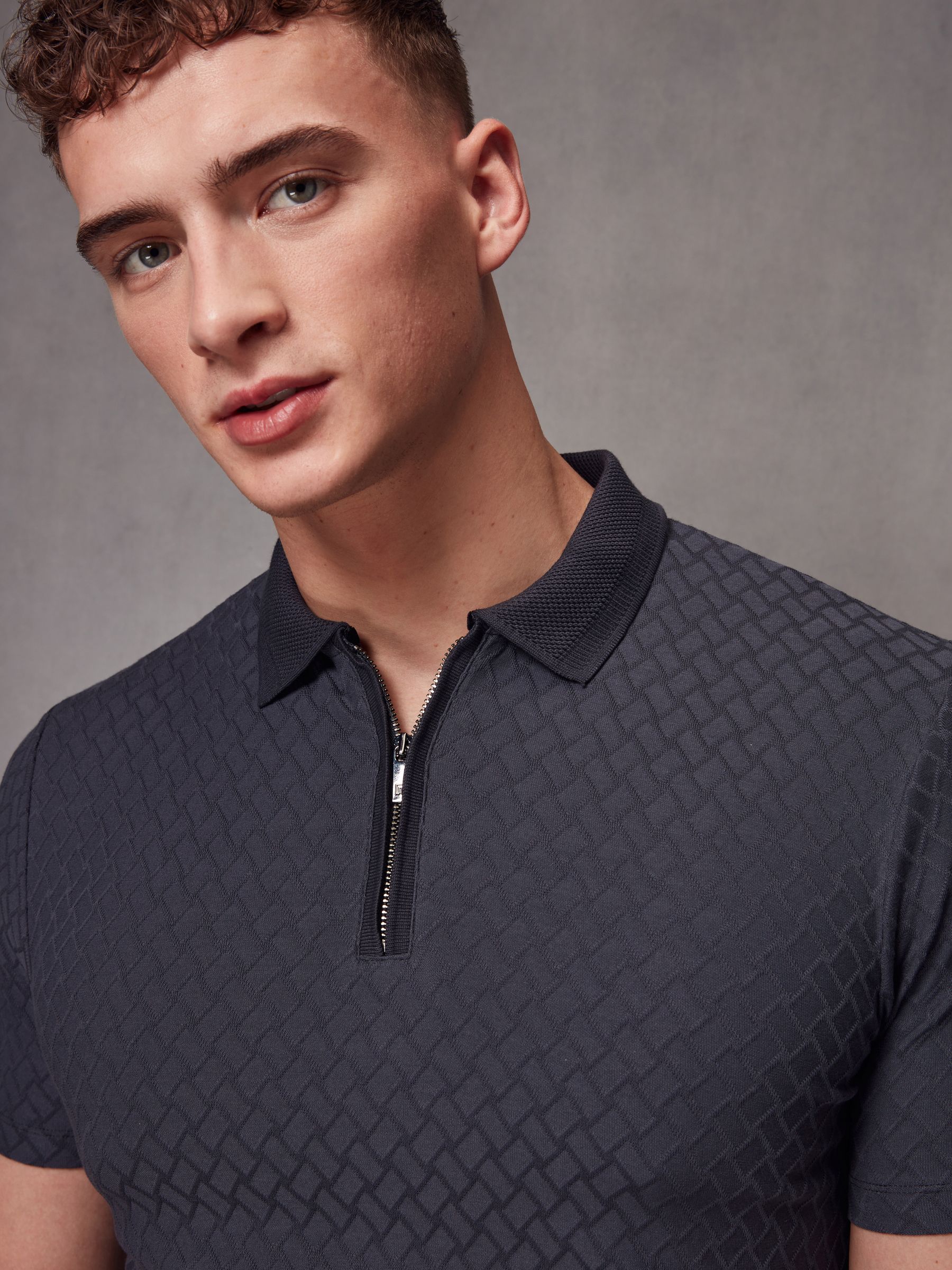 Buy Dark Charcoal Grey Slim Fit Smart Quarter Zip Polo Shirt from the Next UK online shop