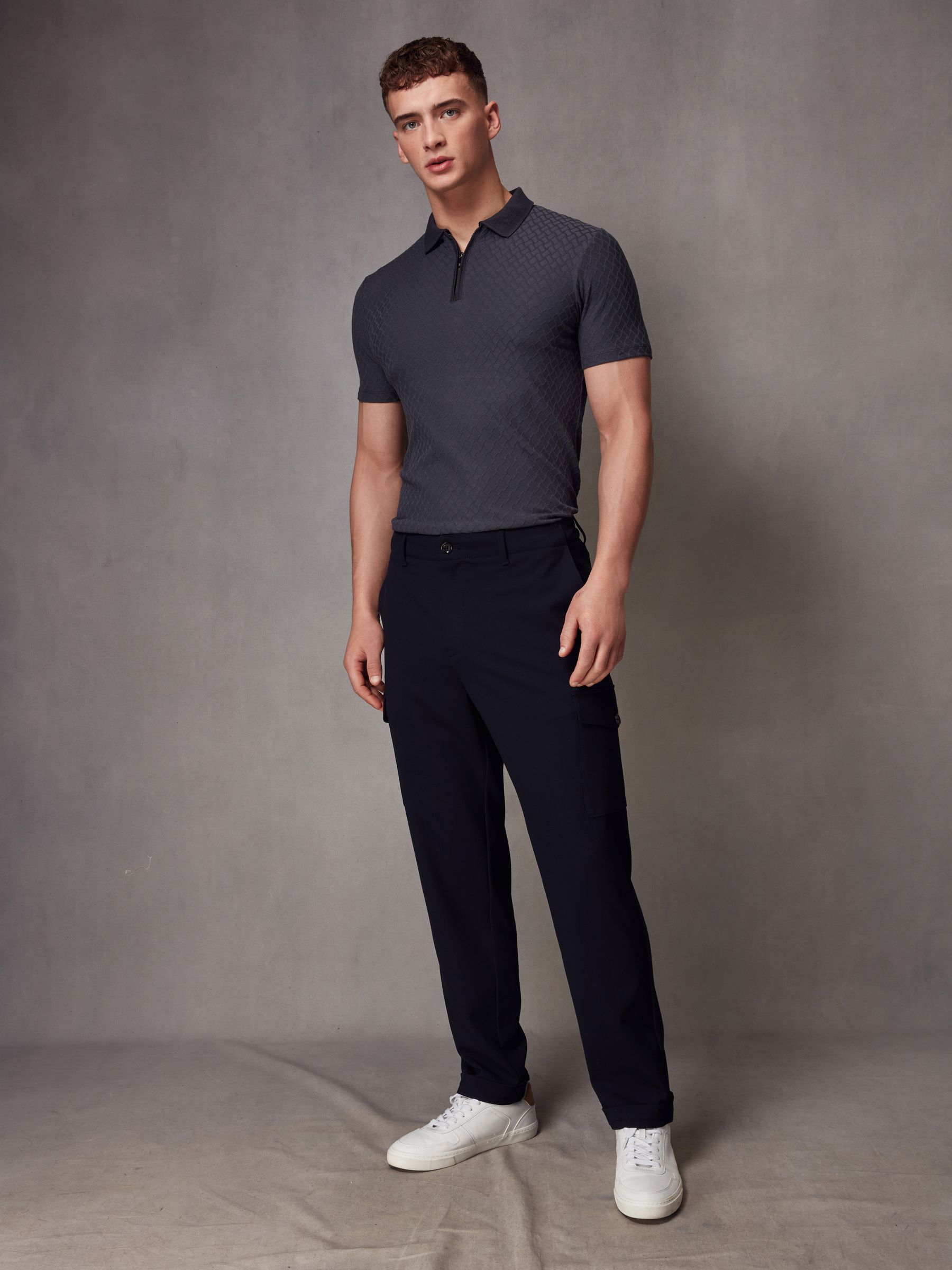 Buy Dark Charcoal Grey Slim Fit Smart Quarter Zip Polo Shirt from Next ...