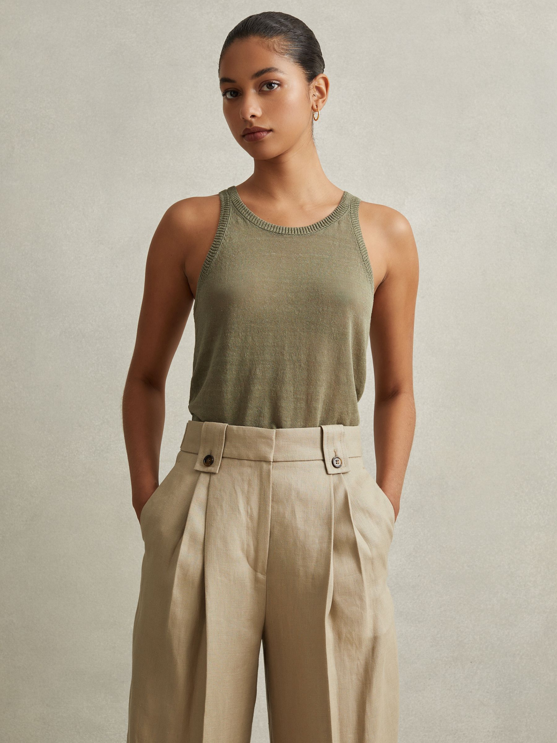 Buy Reiss Light Khaki Leila Linen Front Pleat Trousers from the Next UK ...