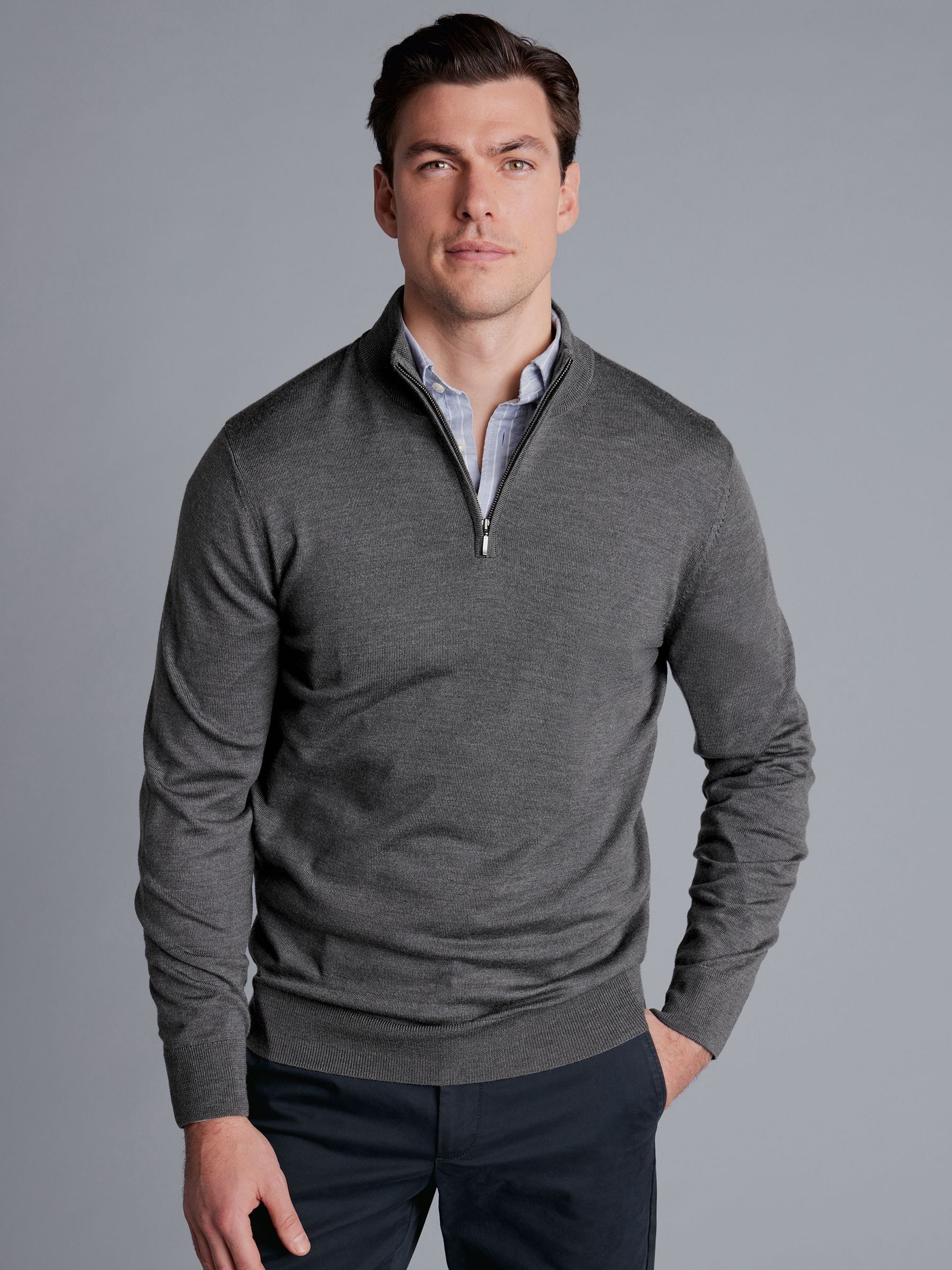 Buy Charles Tyrwhitt Grey Pure Merino Quarter Zip Jumper from the Next ...