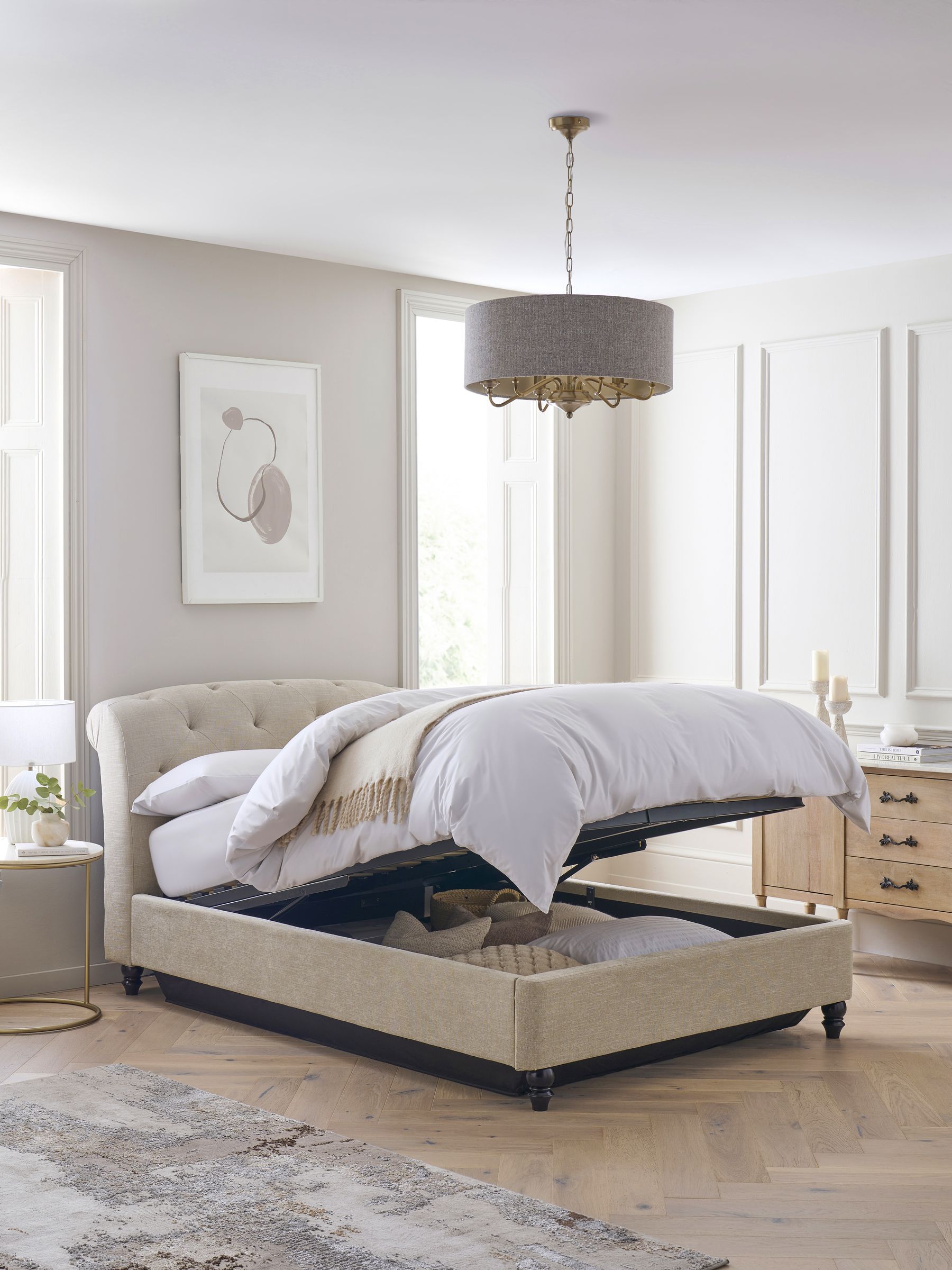 Buy Soft Texture Light Natural Hartford Upholstered Ottoman Storage Bed ...