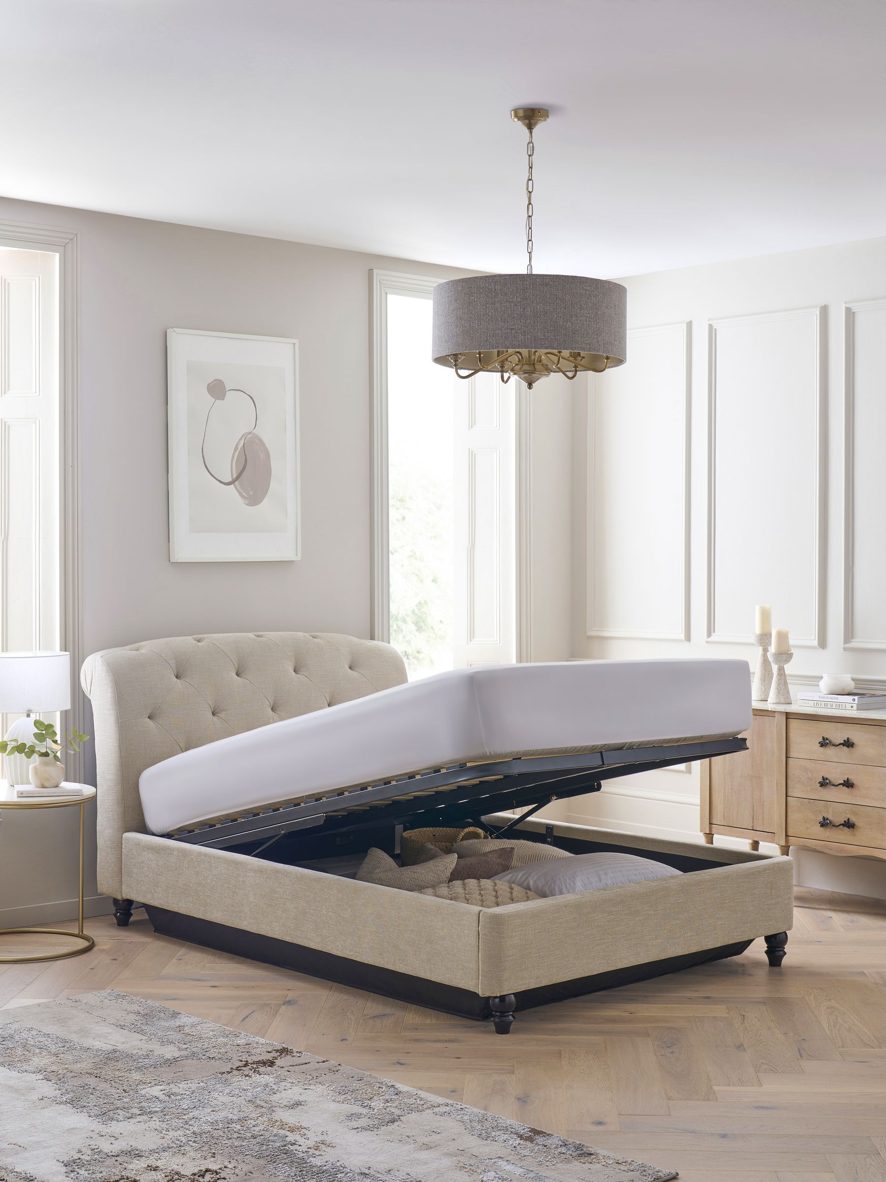 Buy Soft Texture Light Natural Hartford Upholstered Ottoman Storage Bed ...