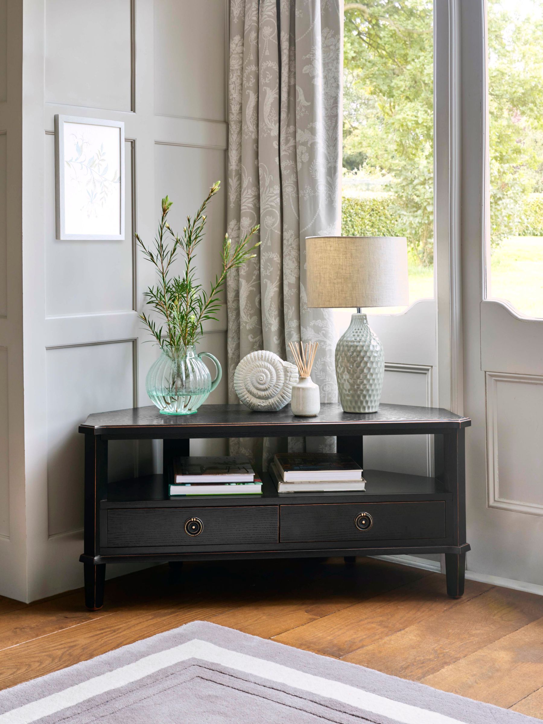 Laura Ashley Black Henshaw 2 Drawer Corner TV Stand | Laura Ashley