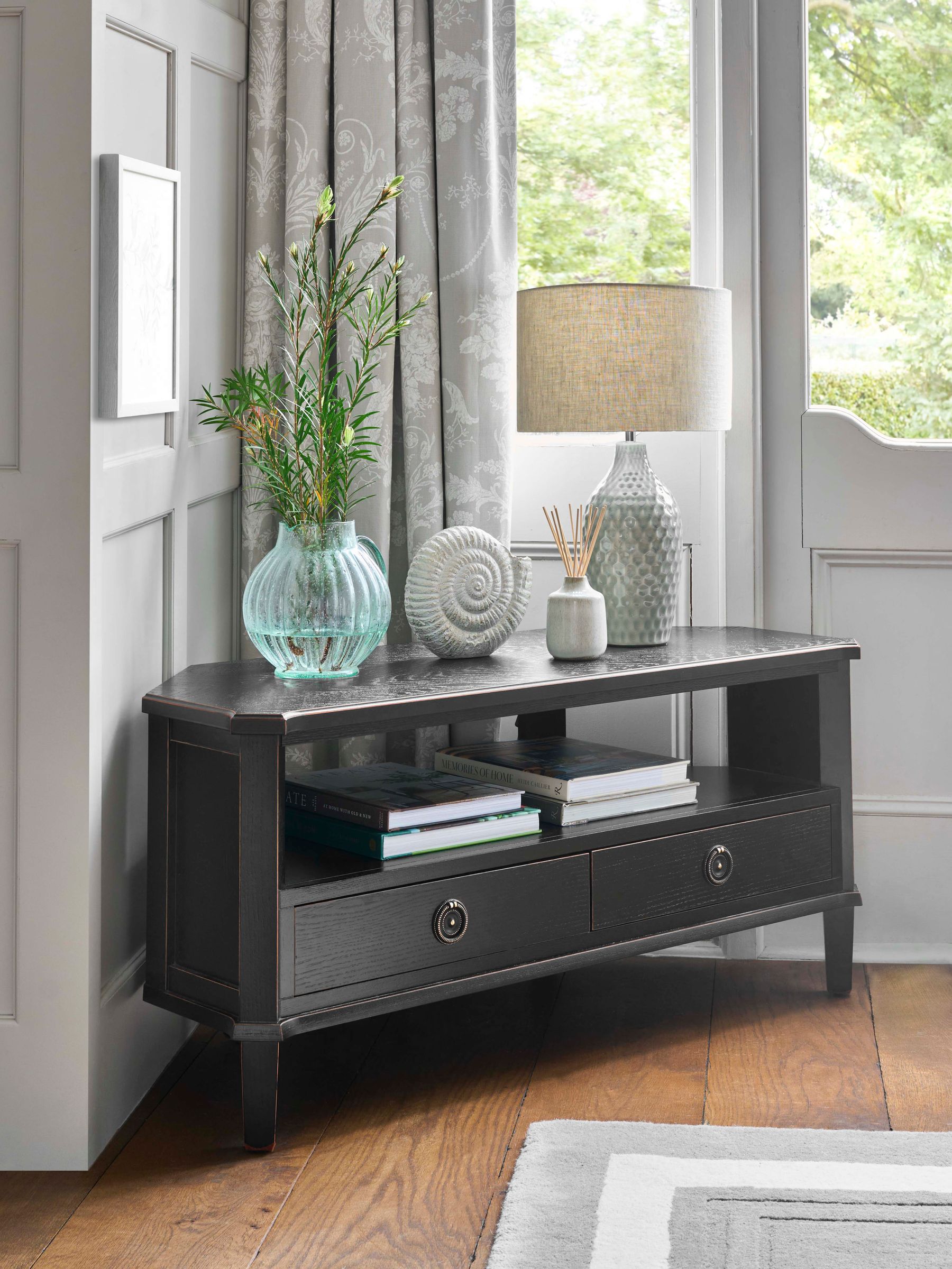 Laura Ashley Black Henshaw 2 Drawer Corner TV Stand | Laura Ashley