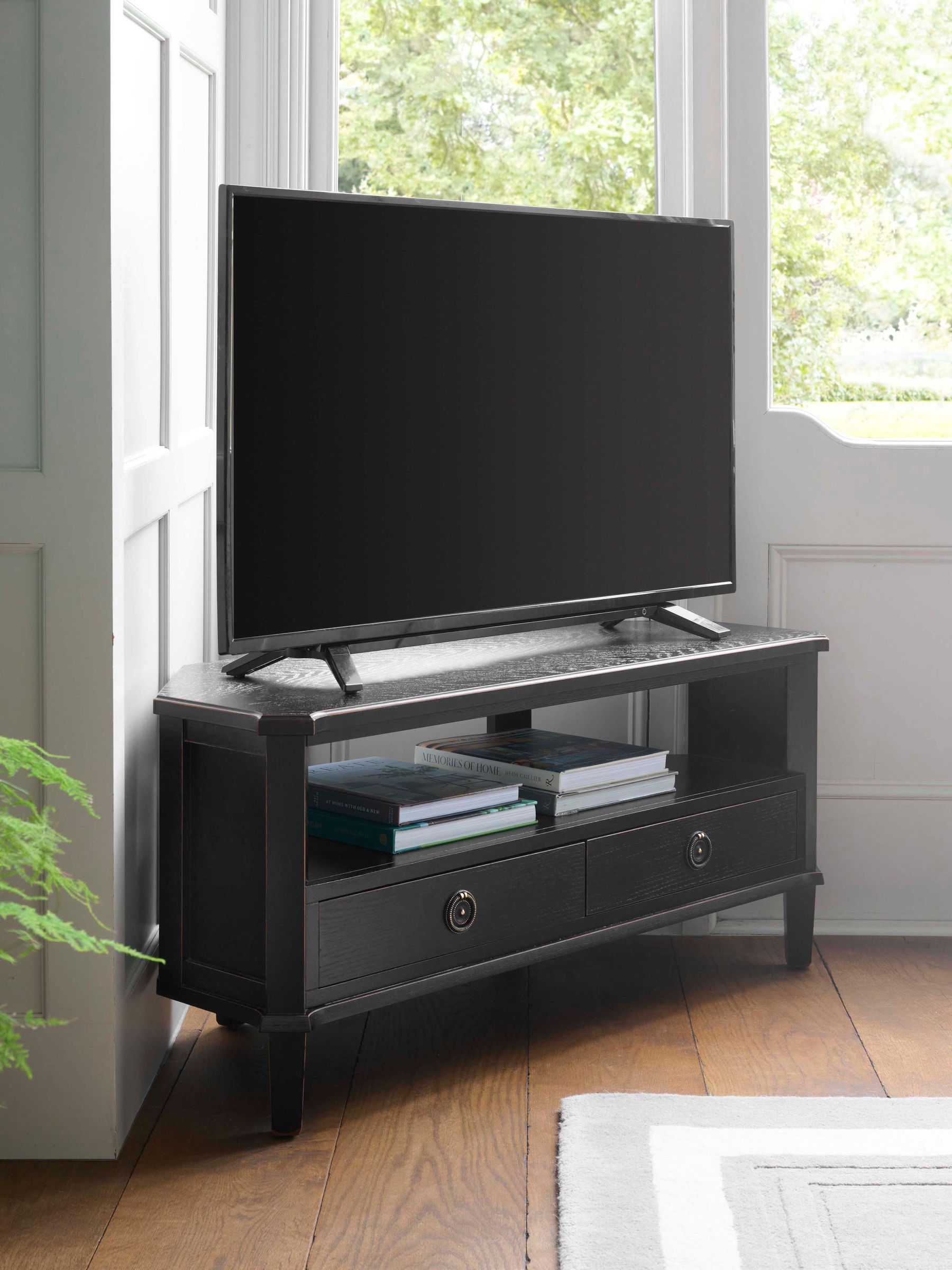 Laura Ashley Black Henshaw 2 Drawer Corner TV Stand | Laura Ashley