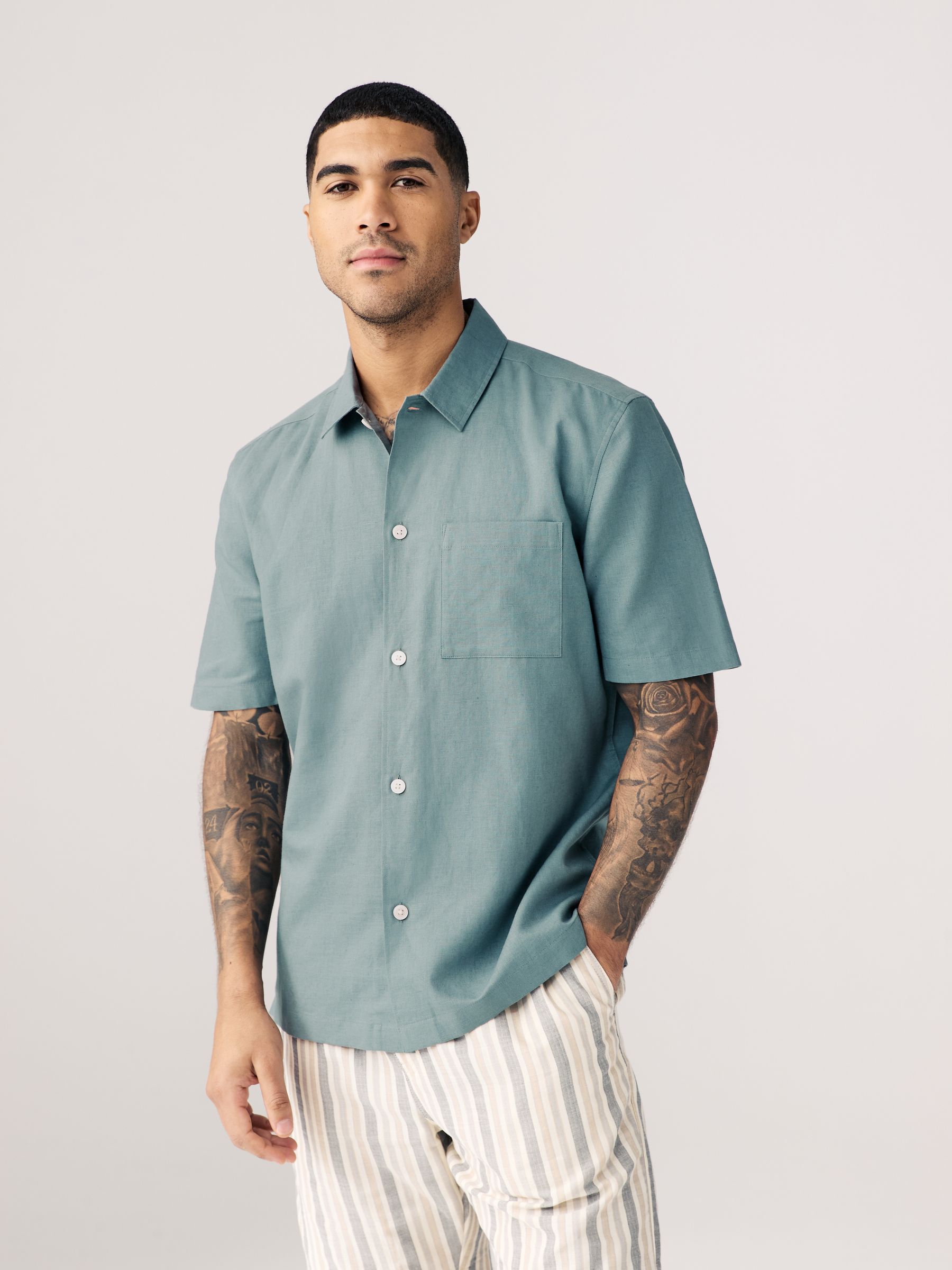 Buy Green Standard Collar Cotton Linen Blend Short Sleeve Shirt from ...