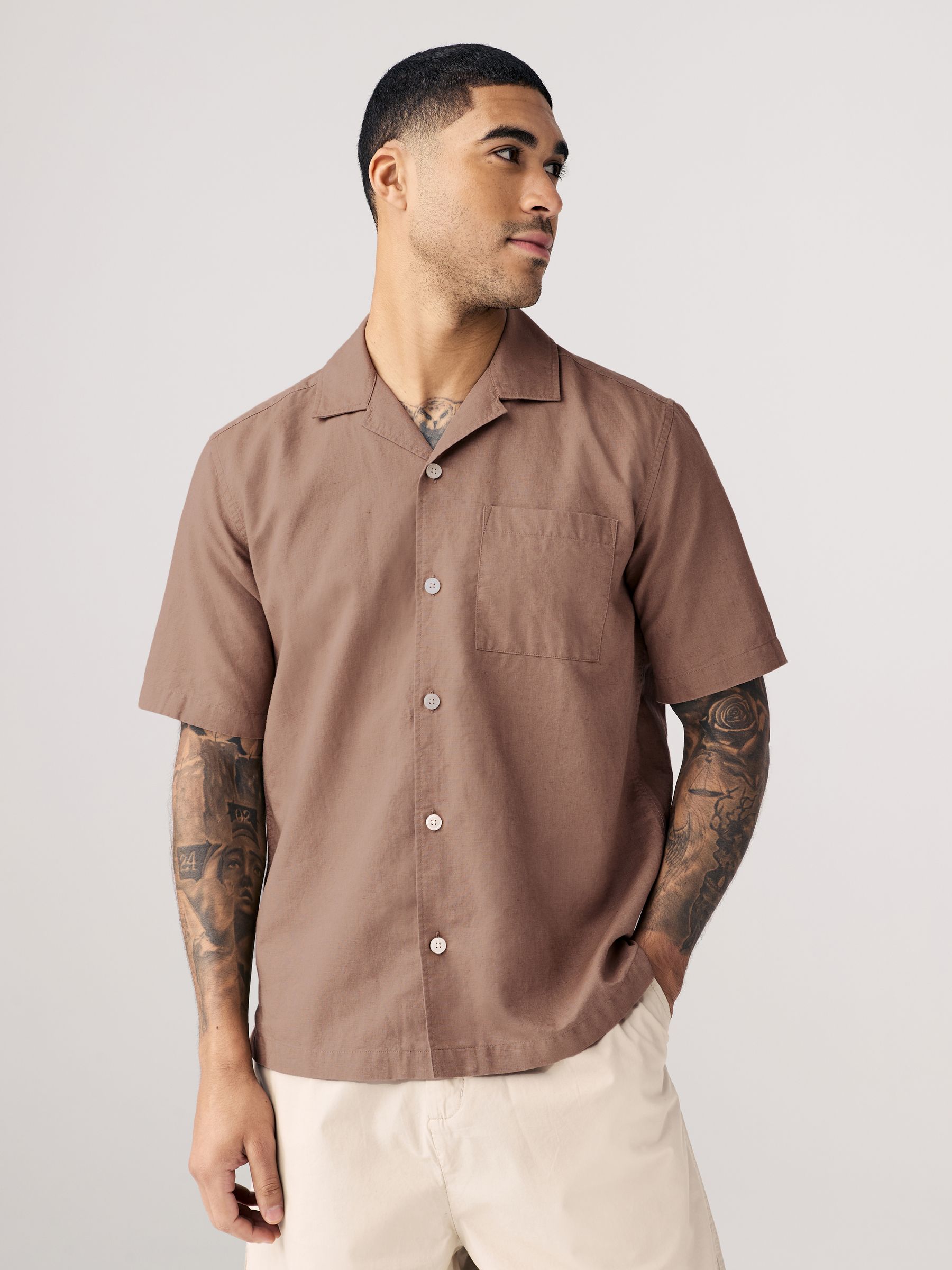 Buy Neutral Stone Cuban Collar Cotton Linen Blend Short Sleeve Shirt ...