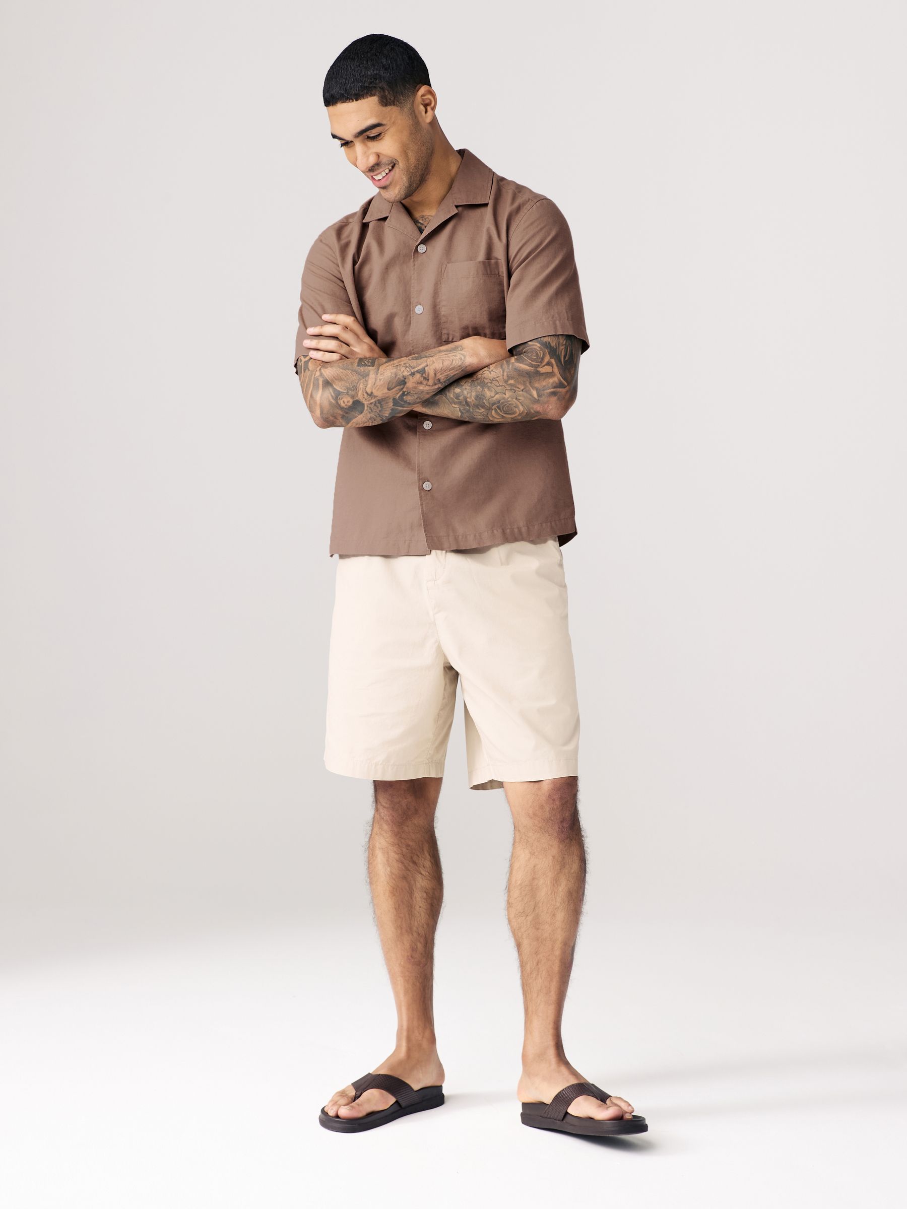 Buy Neutral Stone Cuban Collar Cotton Linen Blend Short Sleeve Shirt ...
