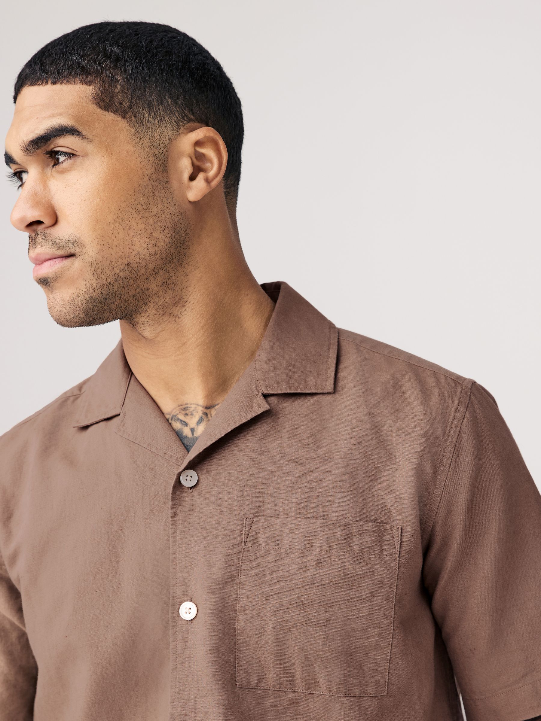 Buy Neutral Stone Cuban Collar Cotton Linen Blend Short Sleeve Shirt ...