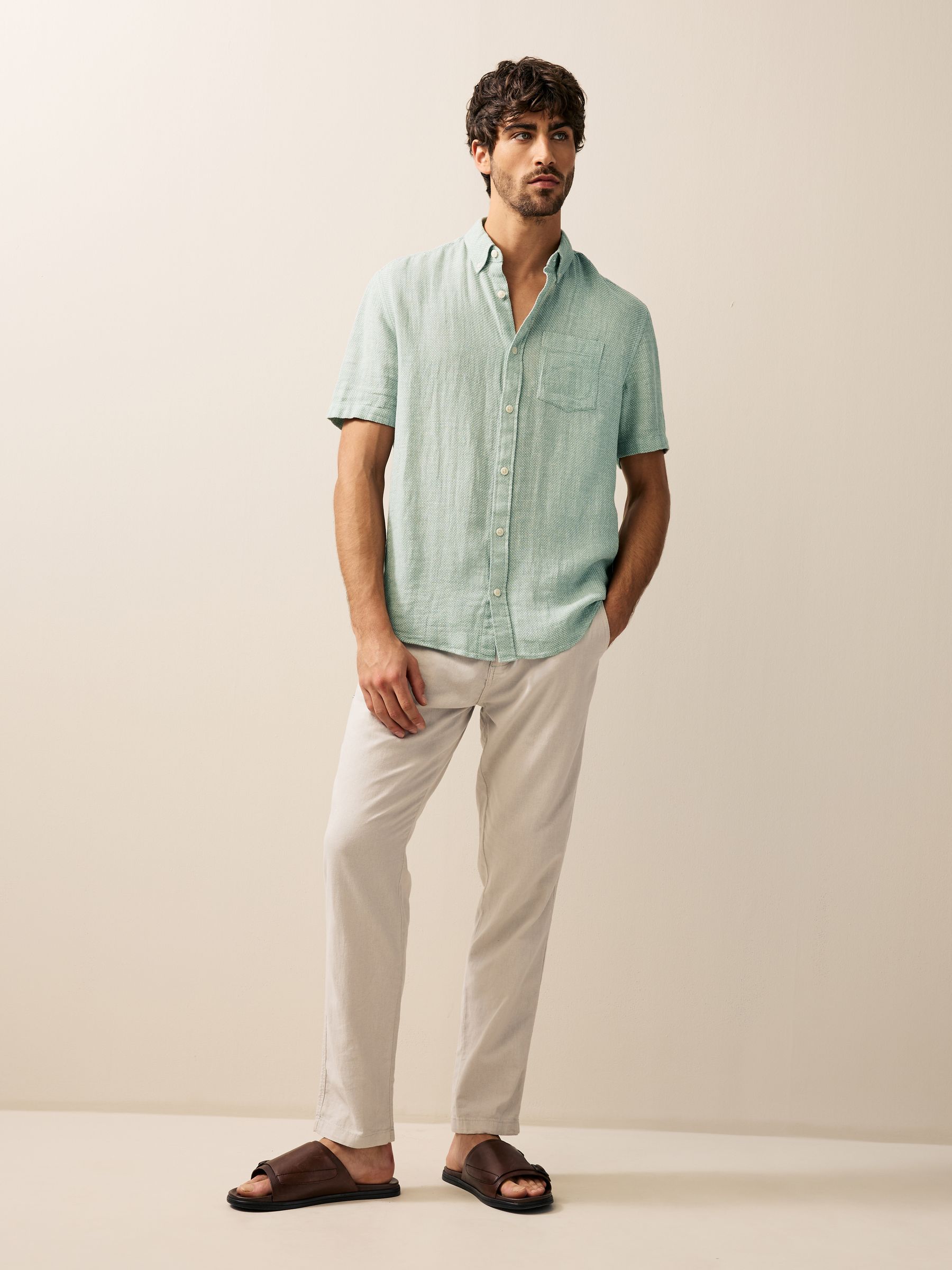 Buy Green Standard Collar Cotton Linen Blend Short Sleeve Shirt from ...