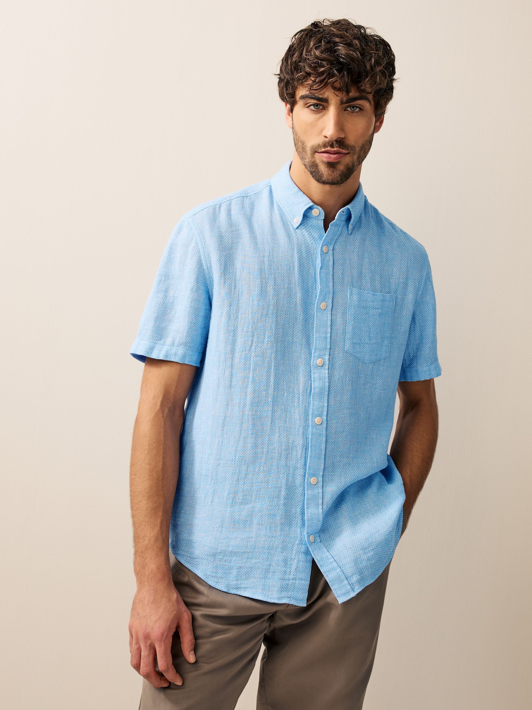 Buy Blue Standard Collar Cotton Linen Blend Short Sleeve Shirt from the ...