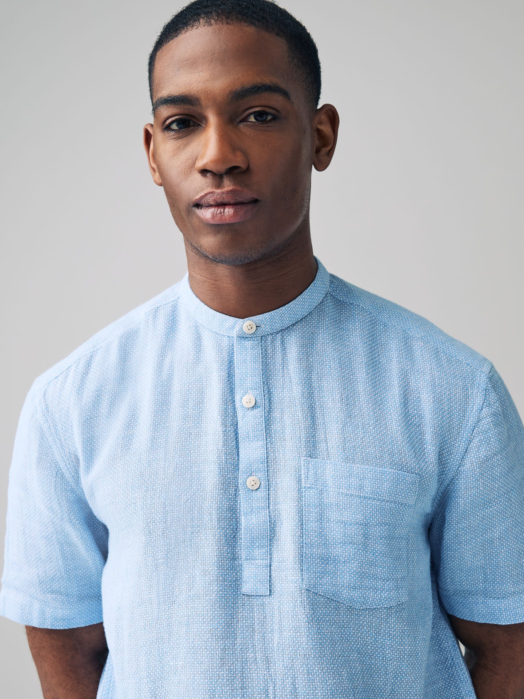 Buy Blue Overhead Cotton Linen Blend Short Sleeve Shirt from the Next ...