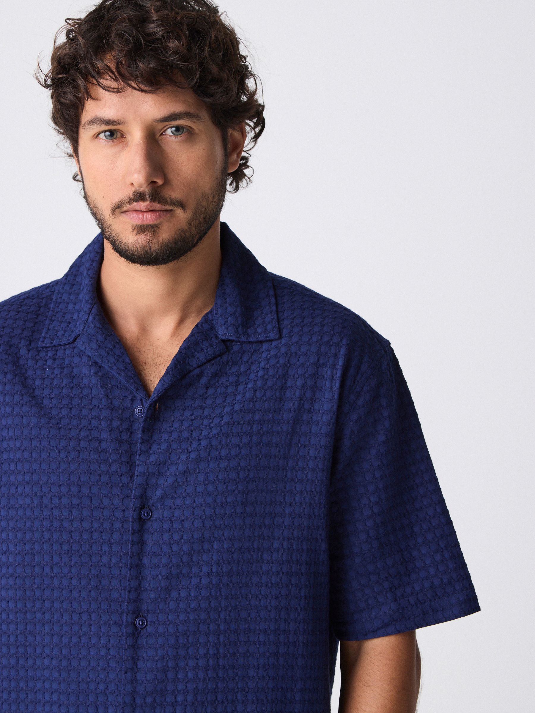 Buy Navy Blue Short Sleeve Textured Waffle 100% Cotton Shirt from the ...