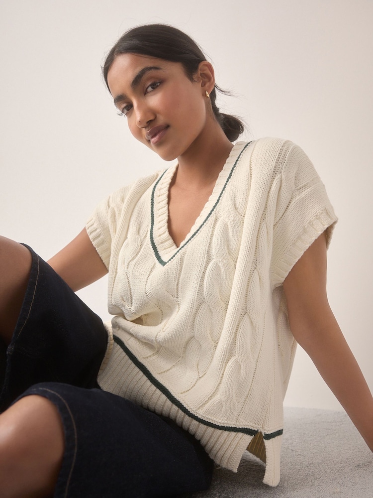 Buy Ecru 100% Cotton Cable Knit Tank with Green Tipping from Next Australia