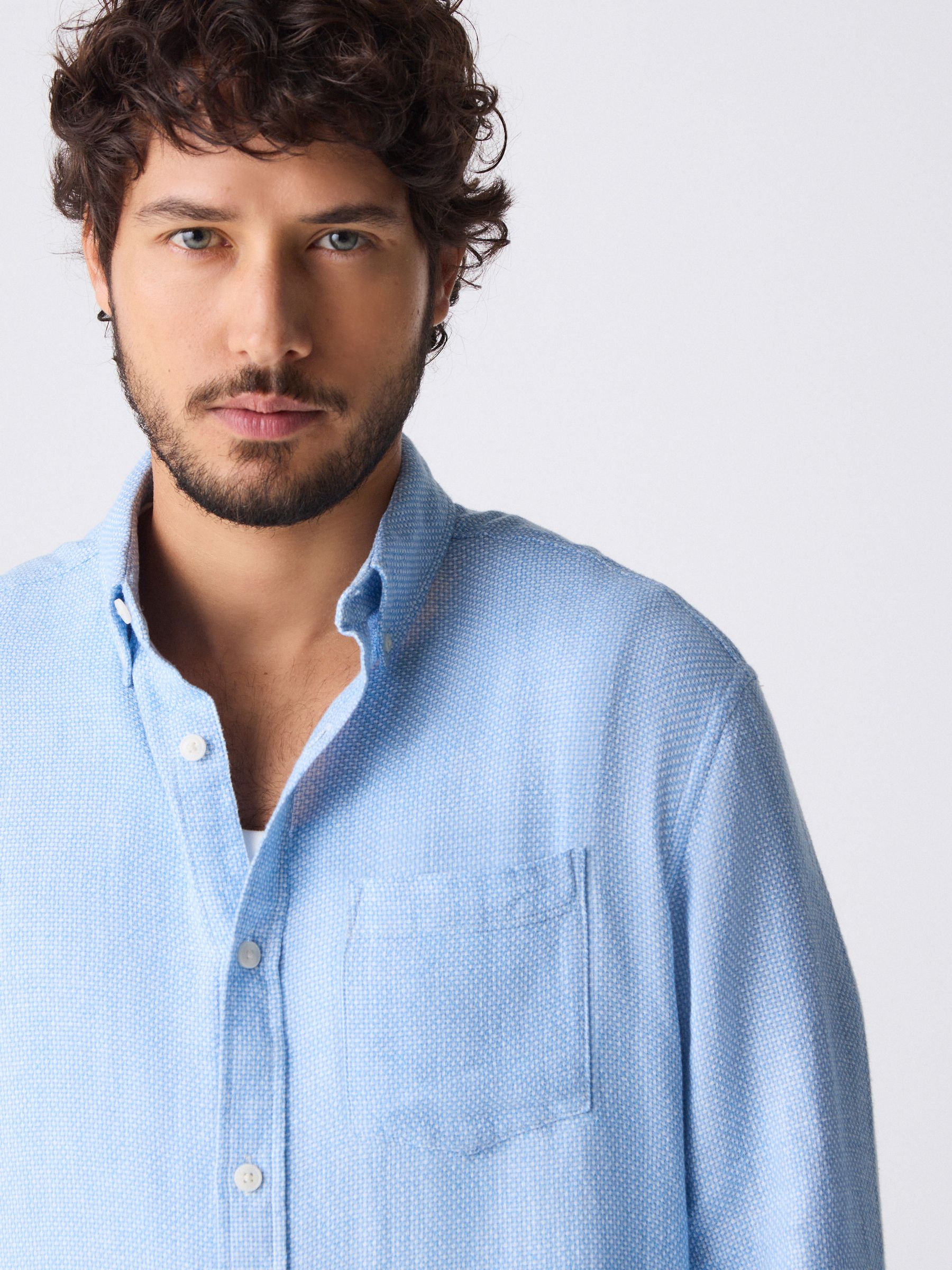 Buy Light Blue Standard Collar Cotton Linen Blend Long Sleeve Shirt ...