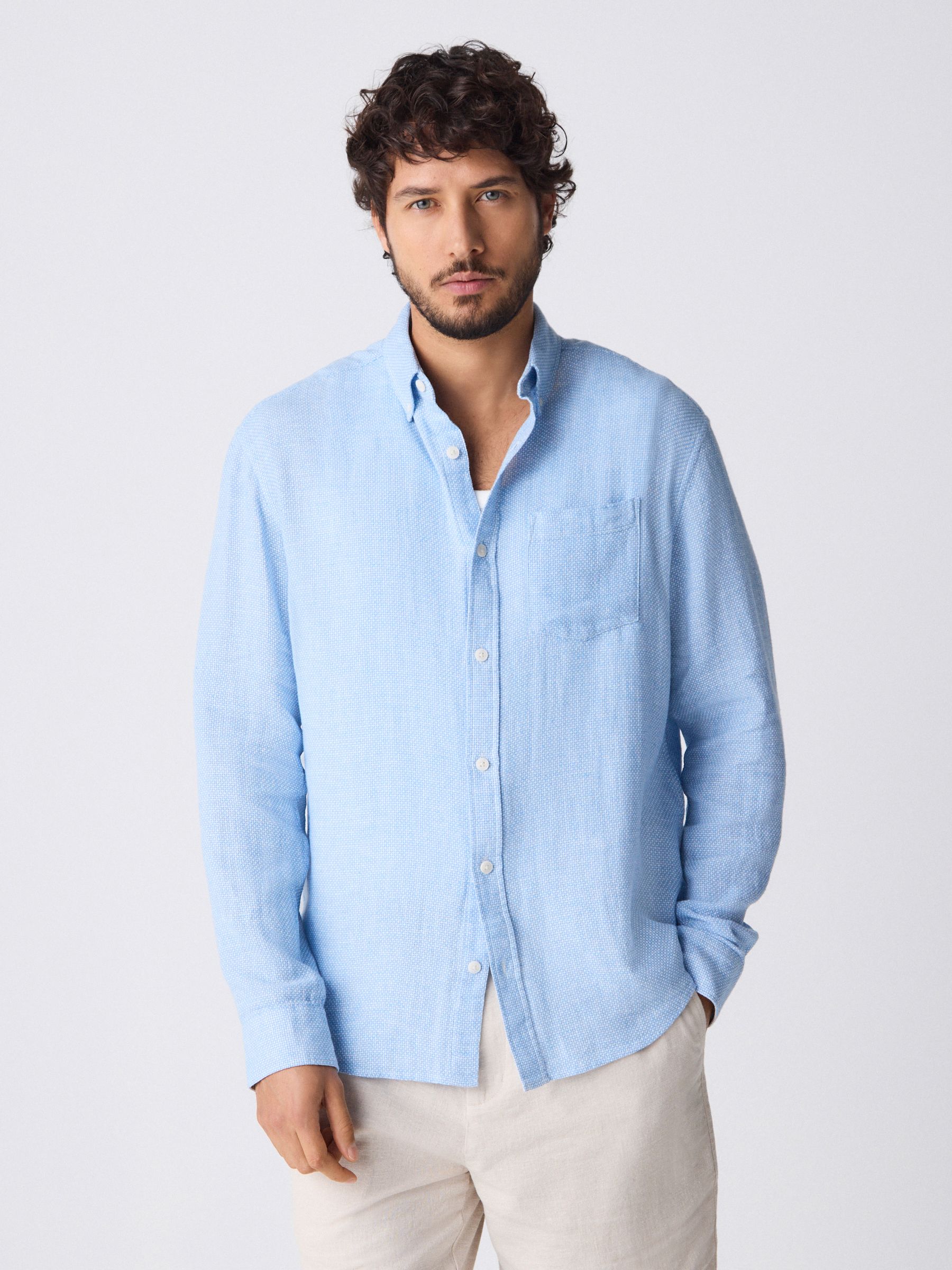 Buy Light Blue Standard Collar Cotton Linen Blend Long Sleeve Shirt ...