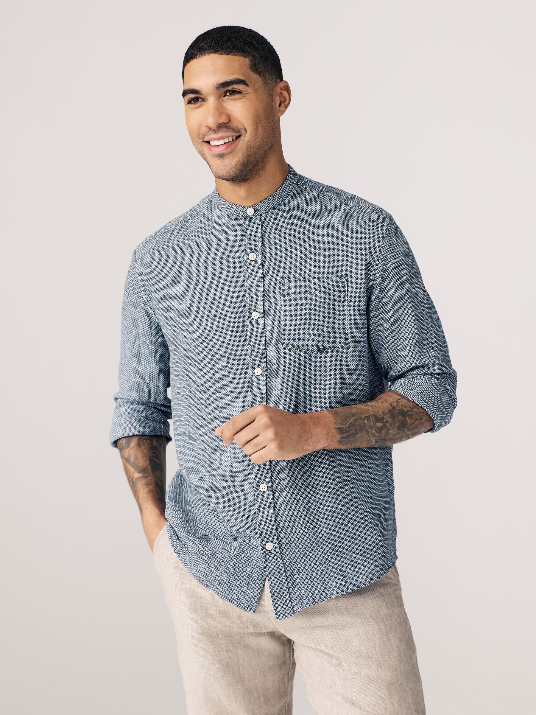 Buy Navy Blue Grandad Collar Cotton Linen Blend Long Sleeve Shirt from ...