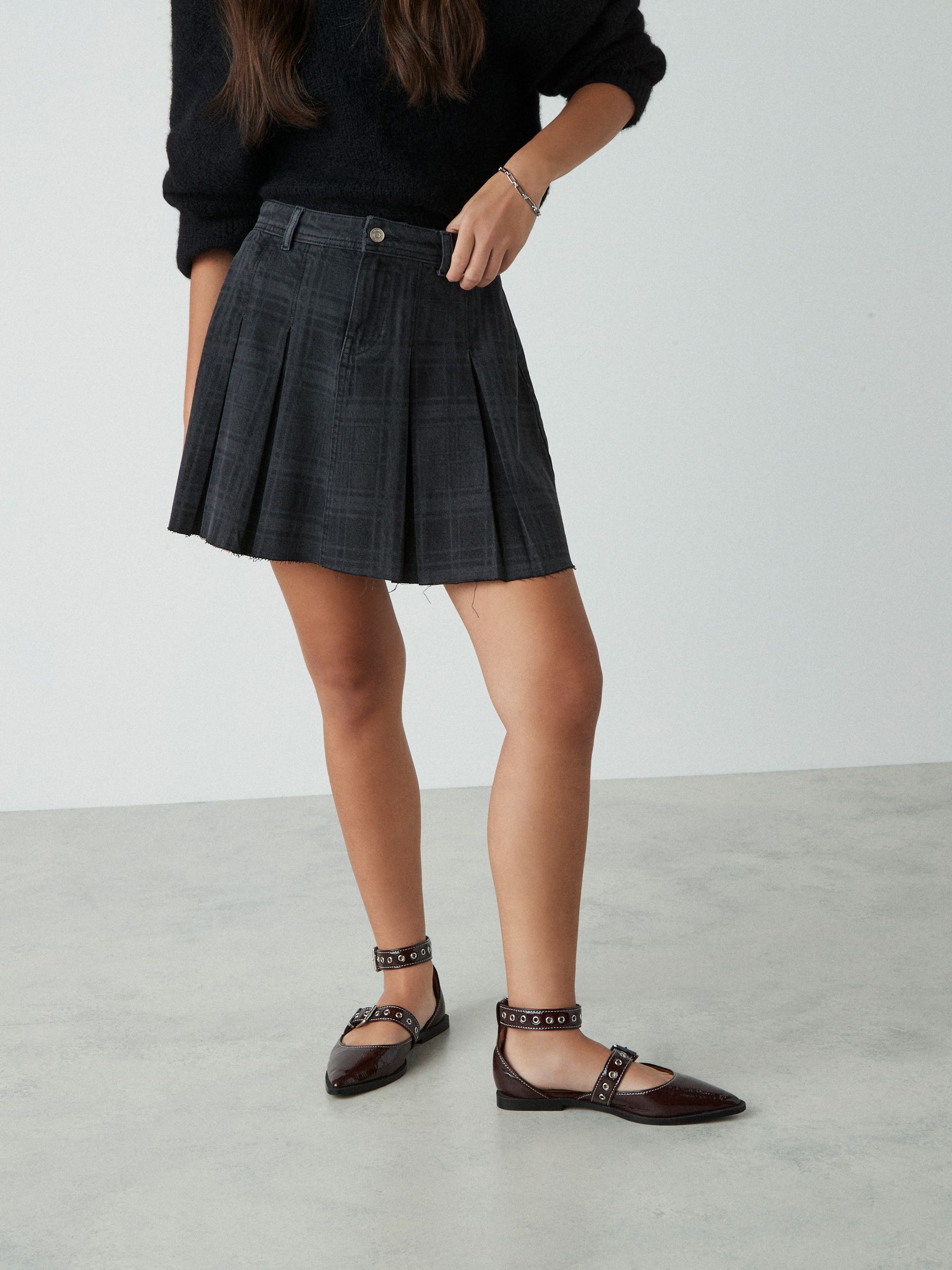 Buy Black Check 100% Cotton Pleated Denim Mini Skirt from the Next UK ...