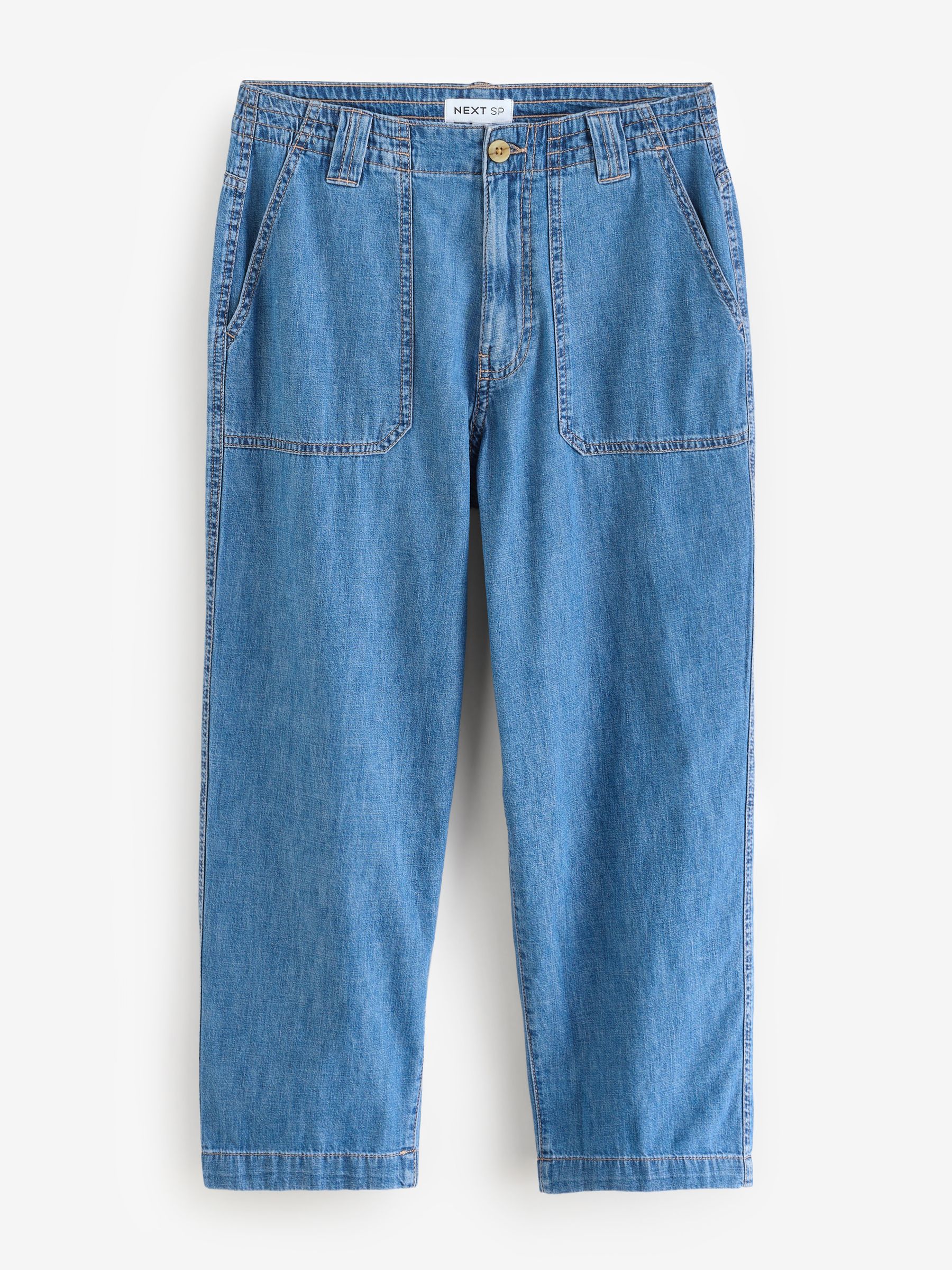 Buy Mid Blue Denim Denim Wide Leg Cropped 100% Cotton Jeans from the ...