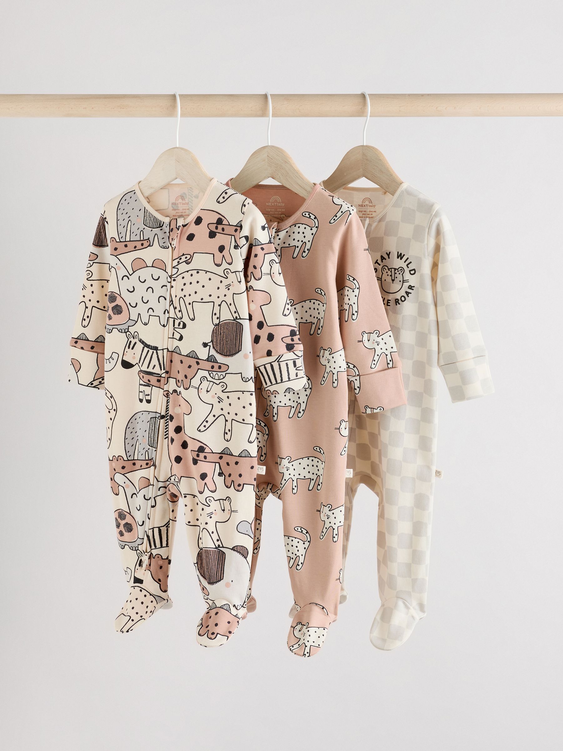 Buy Brown/Cream Baby Two Way Zip Sleepsuits 3 Pack (0-2yrs) from the ...