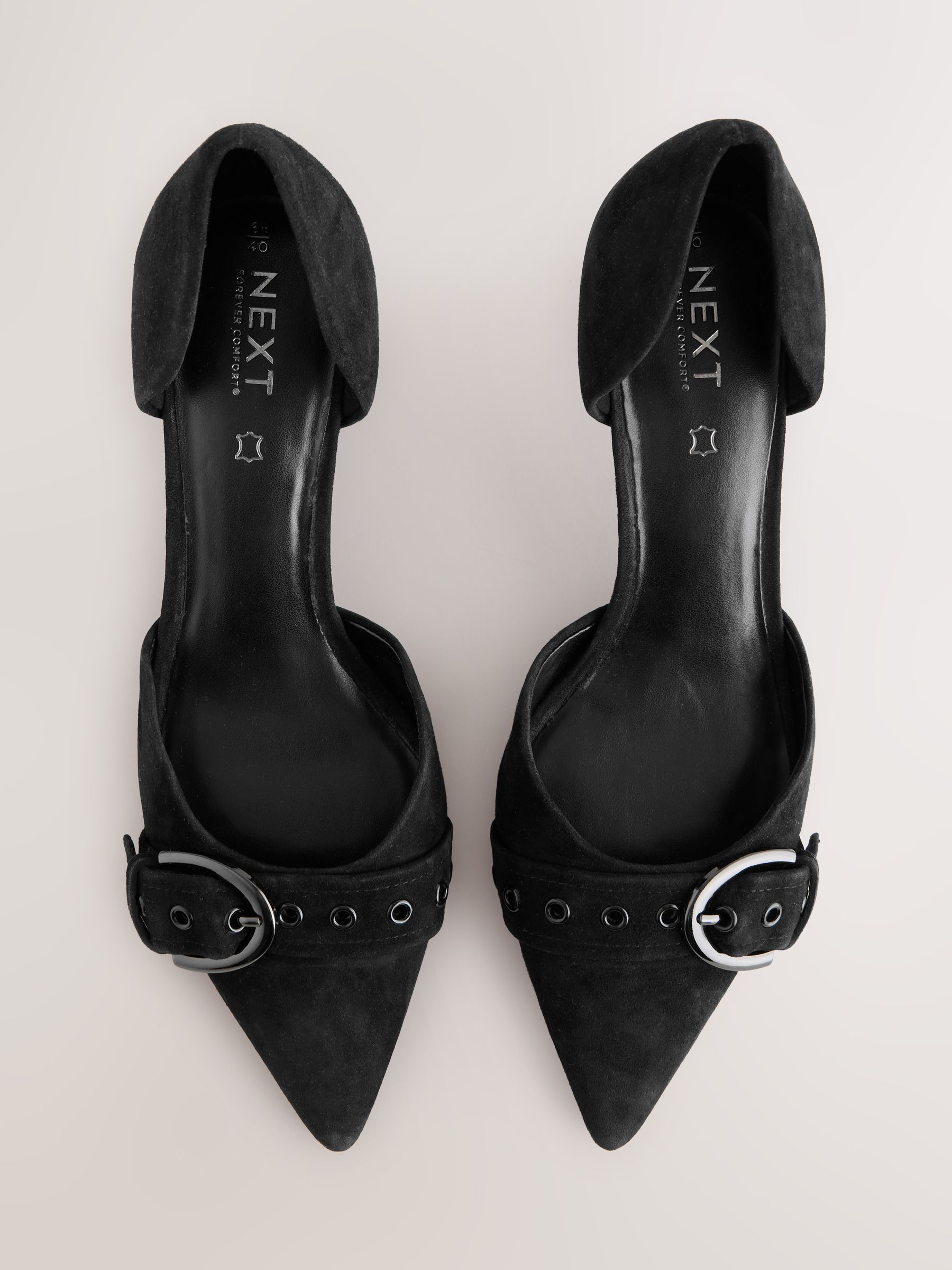 Buy Black Suede Leather Point Toe Eyelet Buckle Kitten Heel Shoes from ...