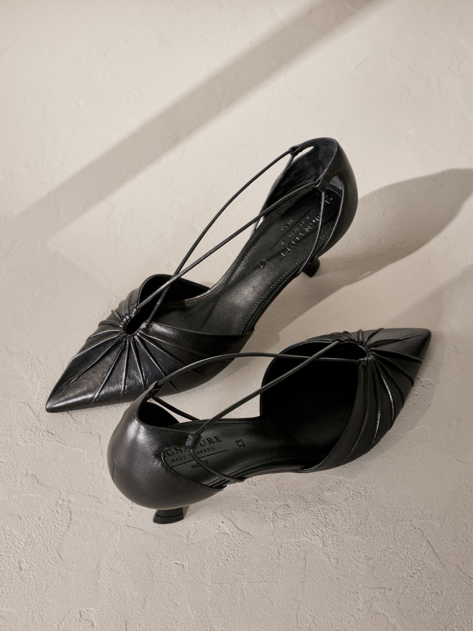 Buy Black Signature Leather Point Toe Tube Strap Kitten Heels from the ...