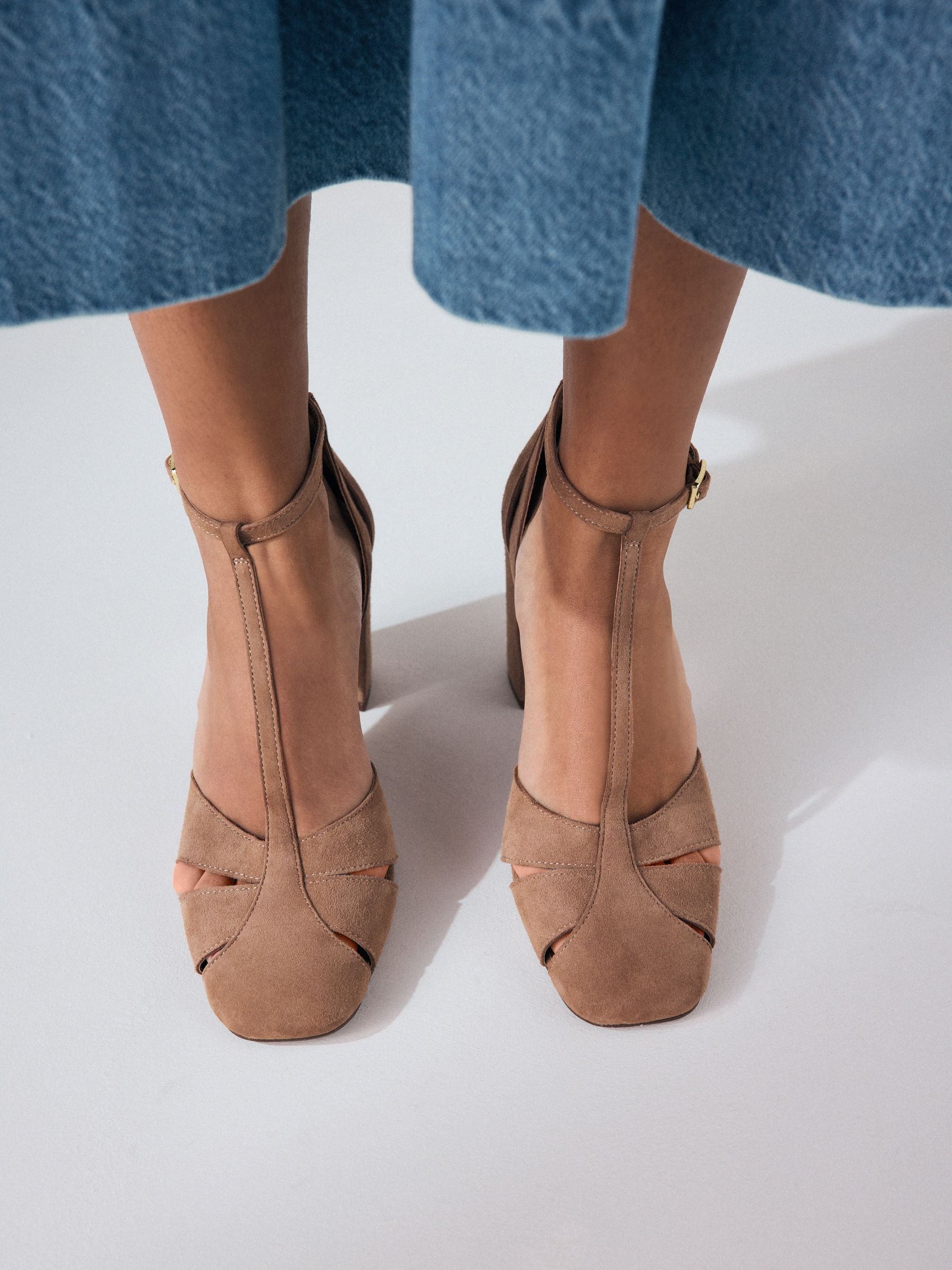 Buy Camel Suede Leather Round Toe Cut Out T-Bar Block Heel Shoes from ...