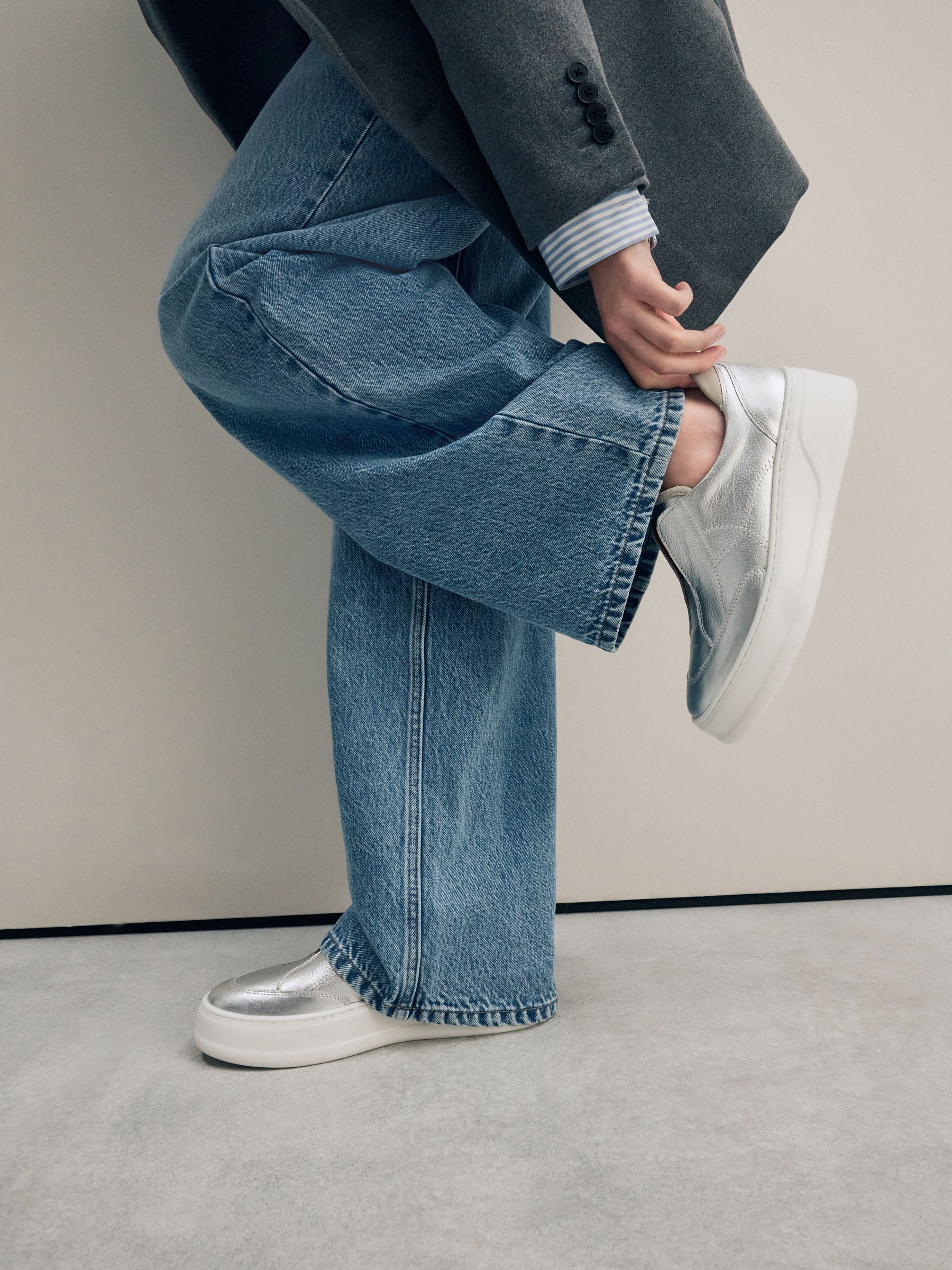 Buy Silver Slip On Signature Leather Chunky Wedge Platform Trainers ...