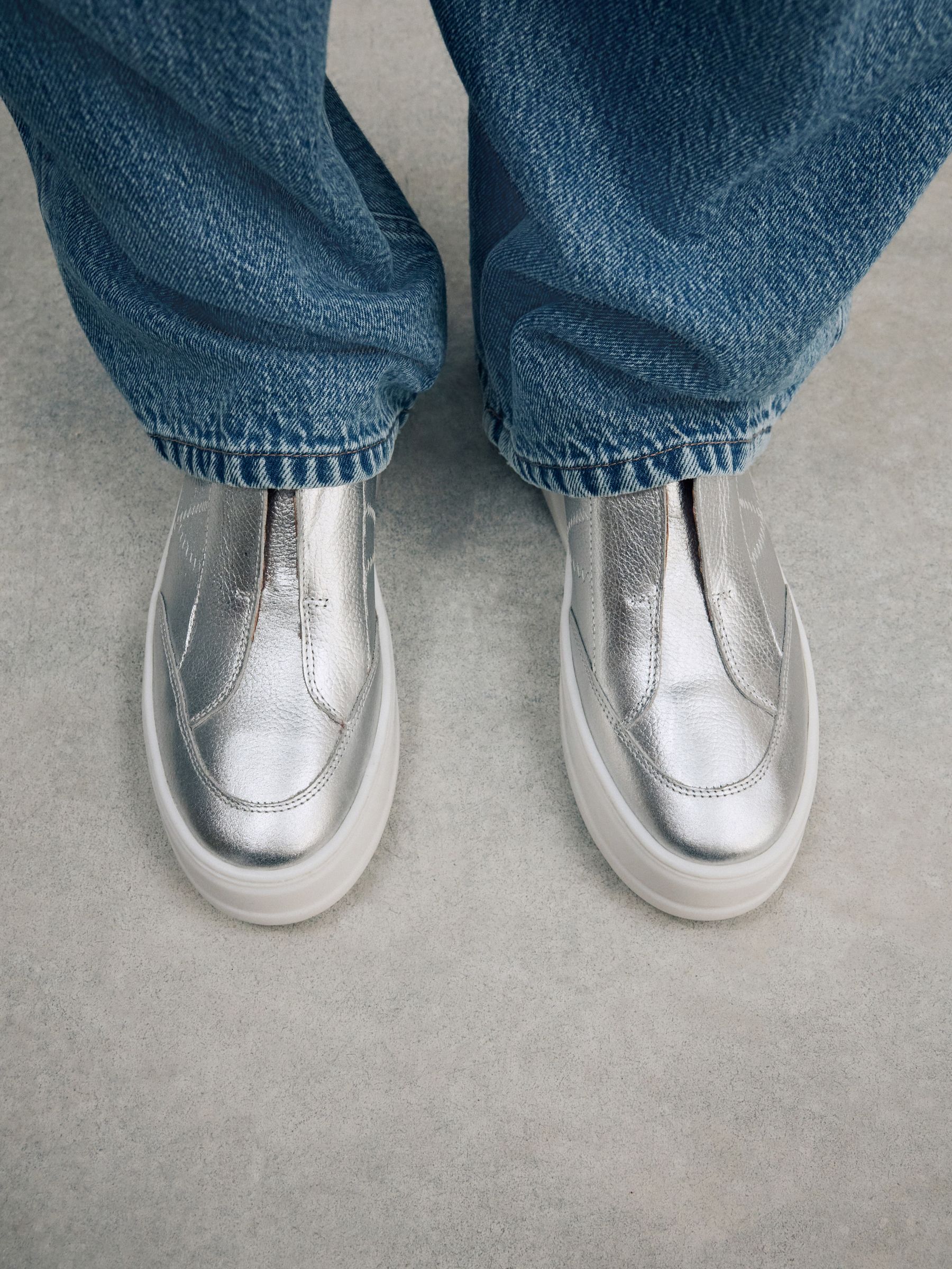 Buy Silver Slip On Signature Leather Chunky Wedge Platform Trainers ...