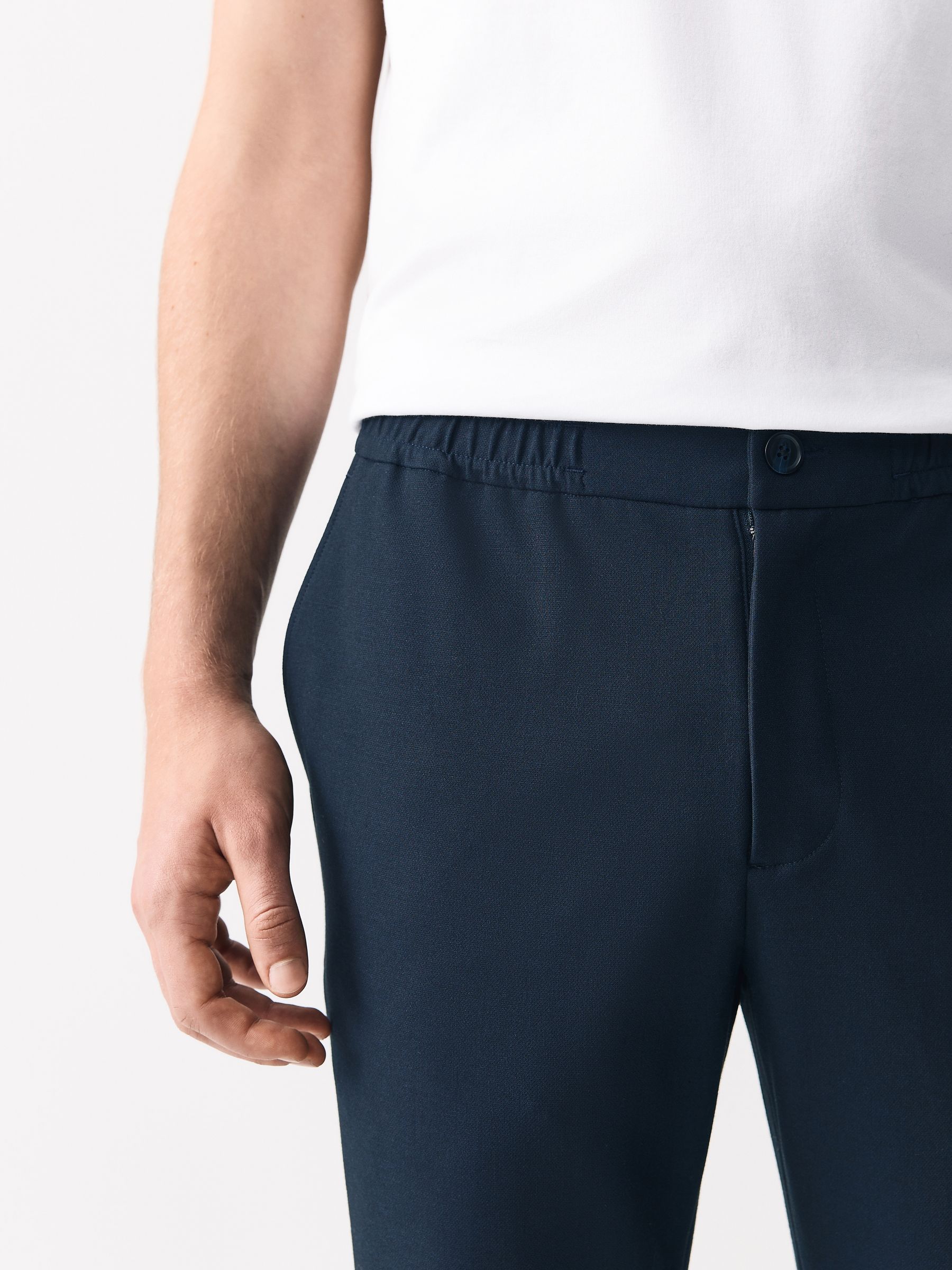 Buy Navy Blue Slim Fit Smart Motionflex Trousers with Internal Drawcord ...