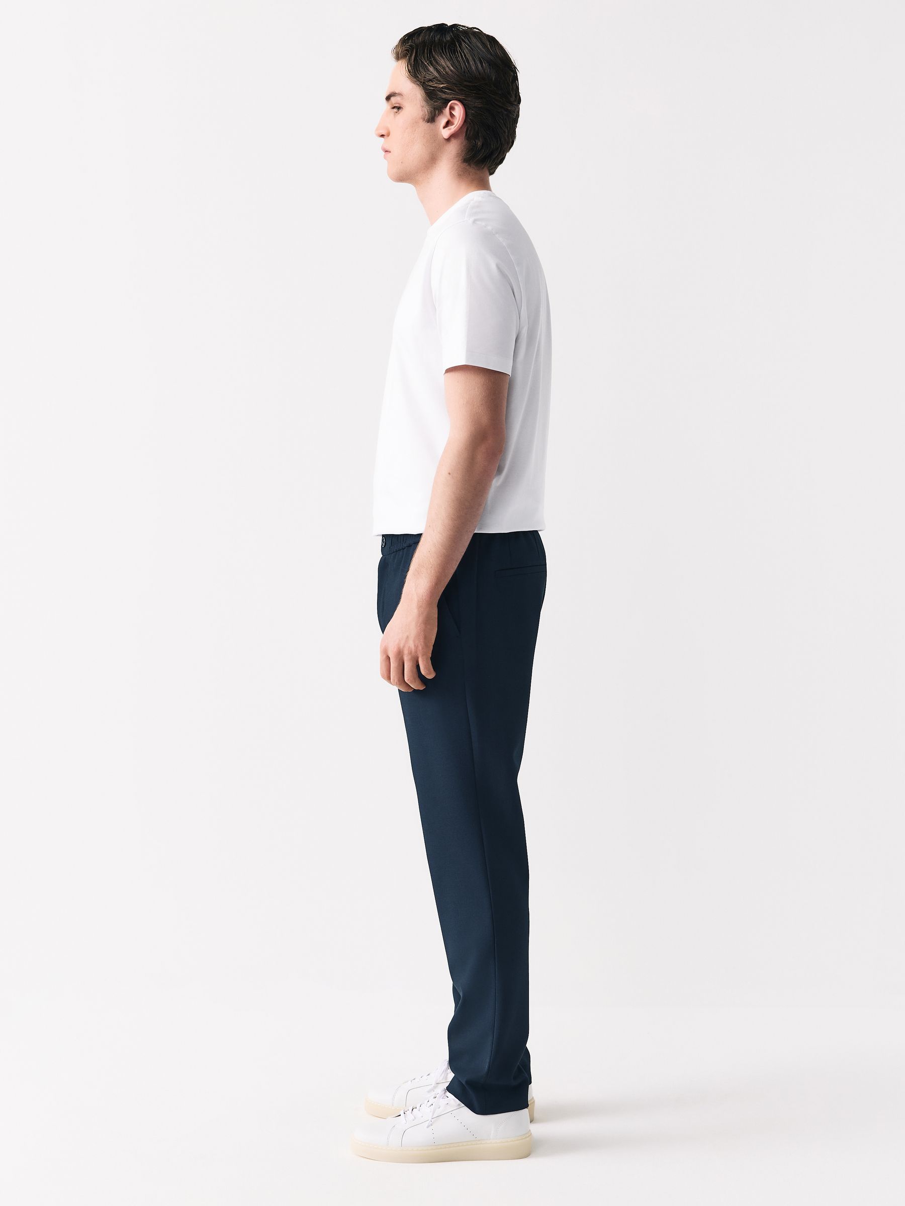 Buy Navy Blue Slim Fit Smart Motionflex Trousers with Internal Drawcord ...