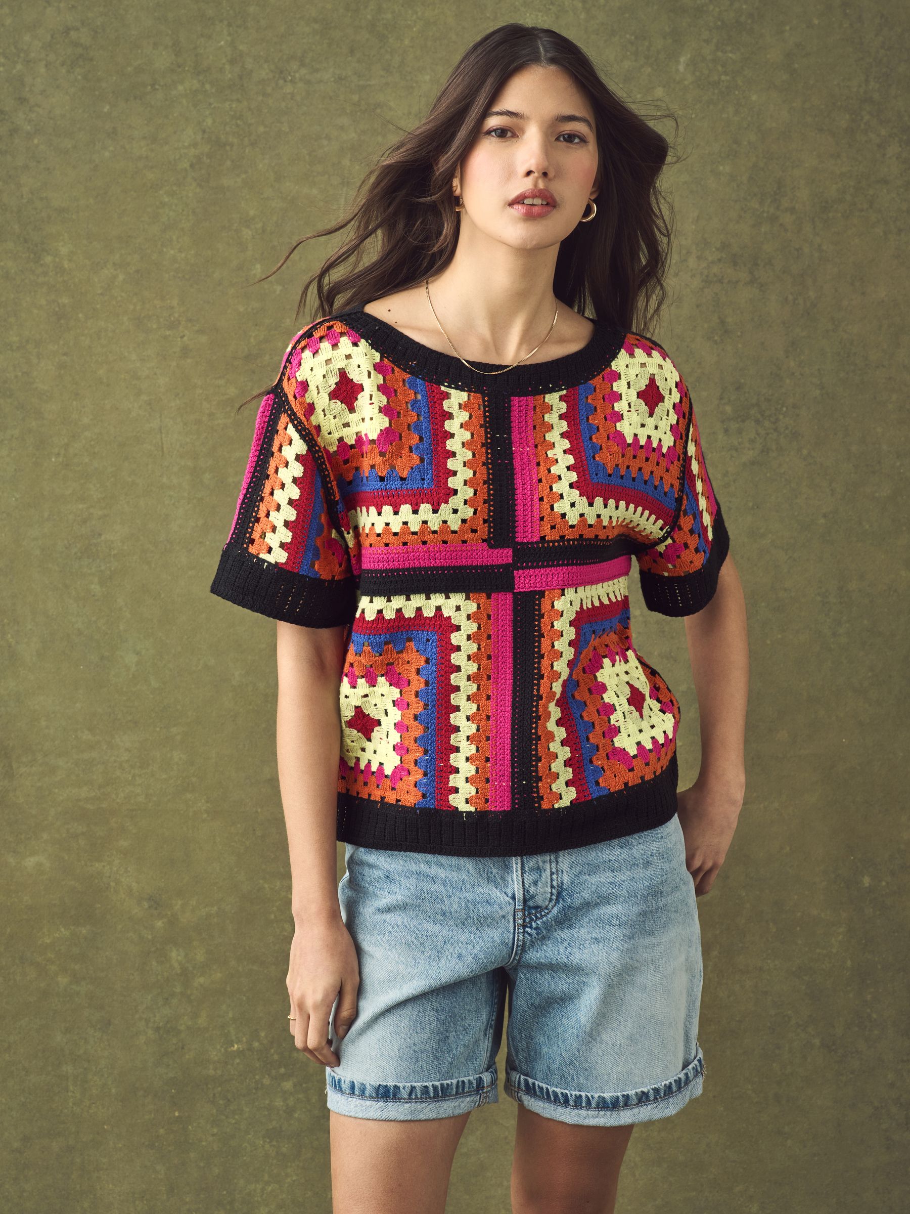 Buy Bright Multi Short Sleeve Crochet Crew Neck T-Shirt from the Next ...