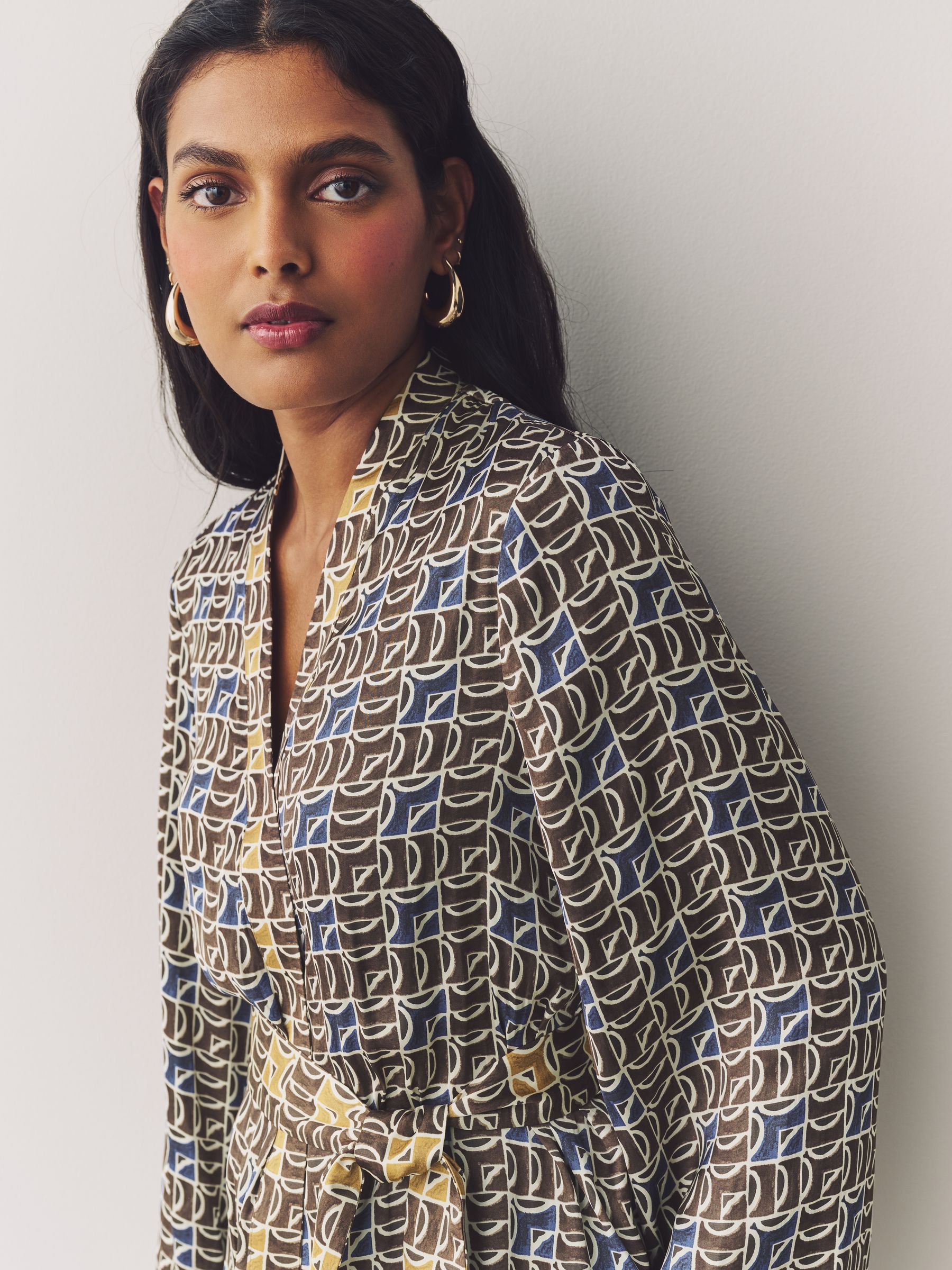 Buy Blue/Brown Geometric Print Satin Textured Drape Kimono from the ...